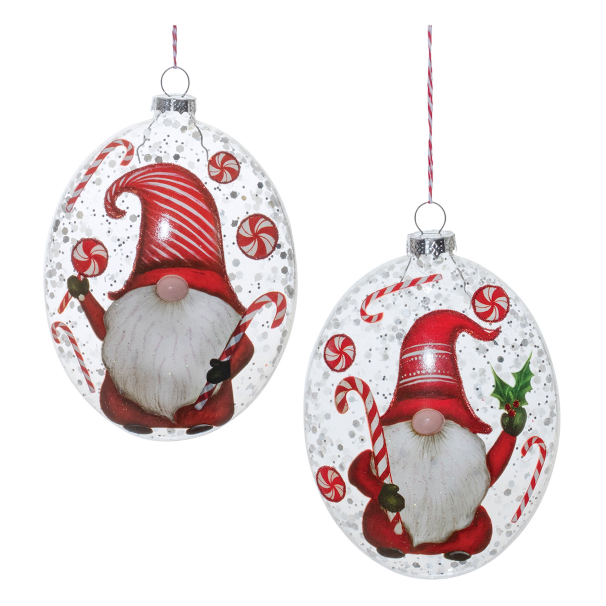 Melrose International Glass Peppermint Gnome Disc Ornament (Set of 12 ...