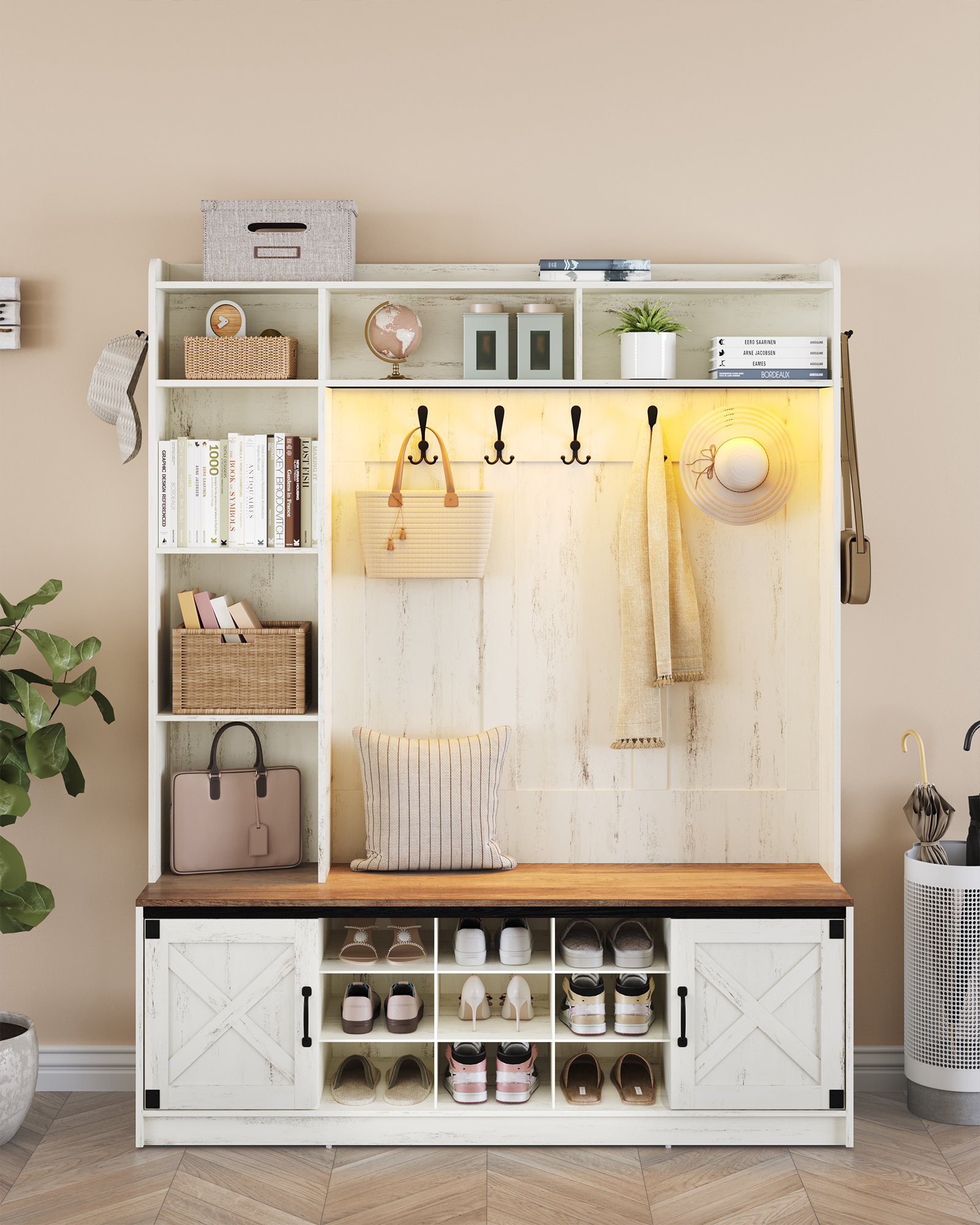 Gracie Oaks Hall Tree, 6-in-1 Farmhouse Entryway Bench with Shoe ...