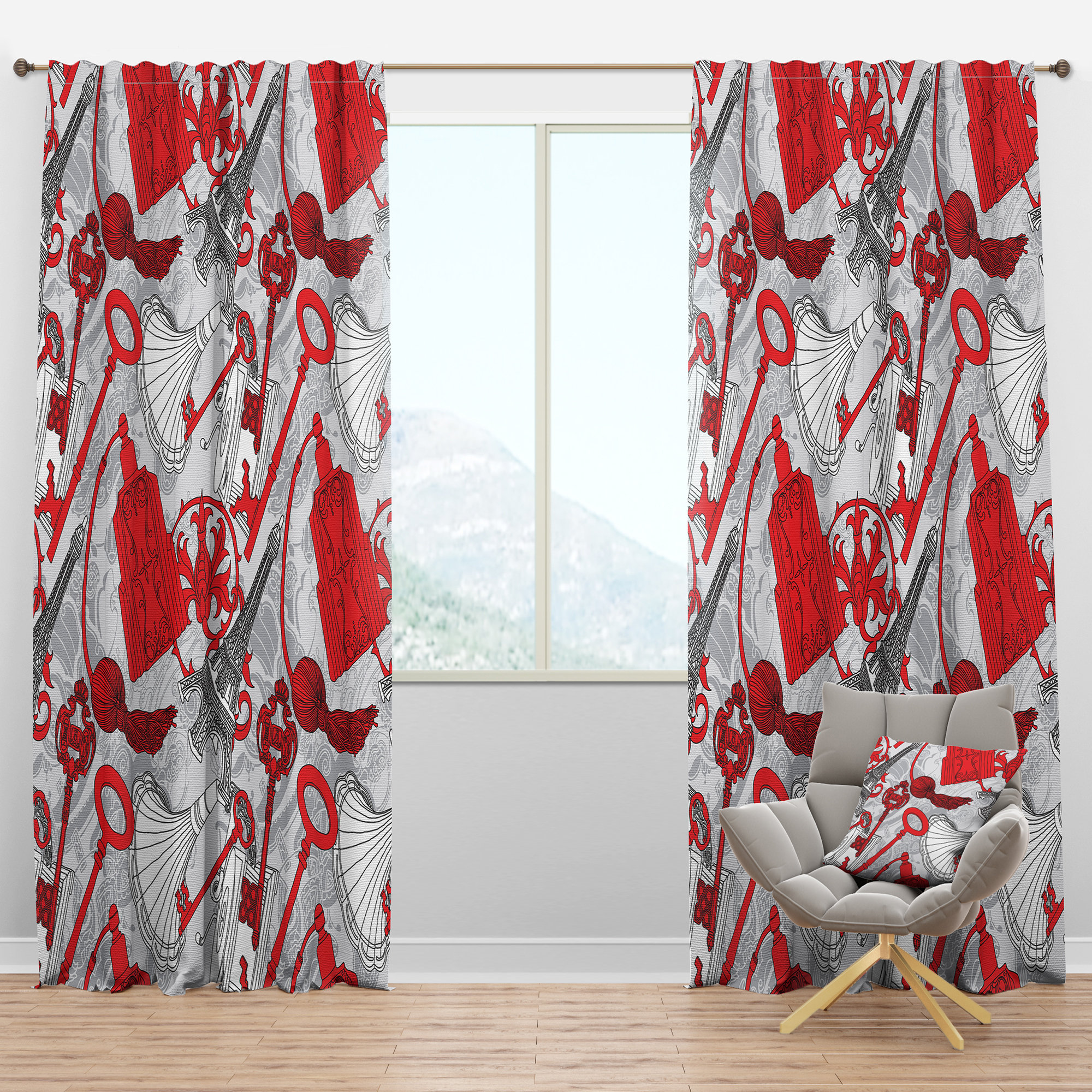 Design Art Drawing of Paris with Red Keys - Traditional Velvet Curtain ...