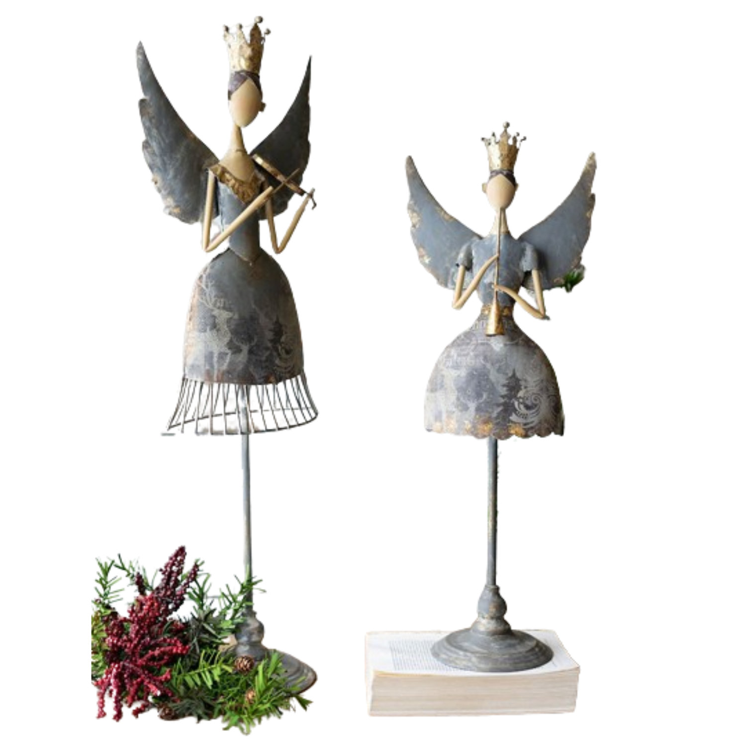 The Holiday Aisle® Set Of 2 Metal Angels Playing Musical Instruments ...