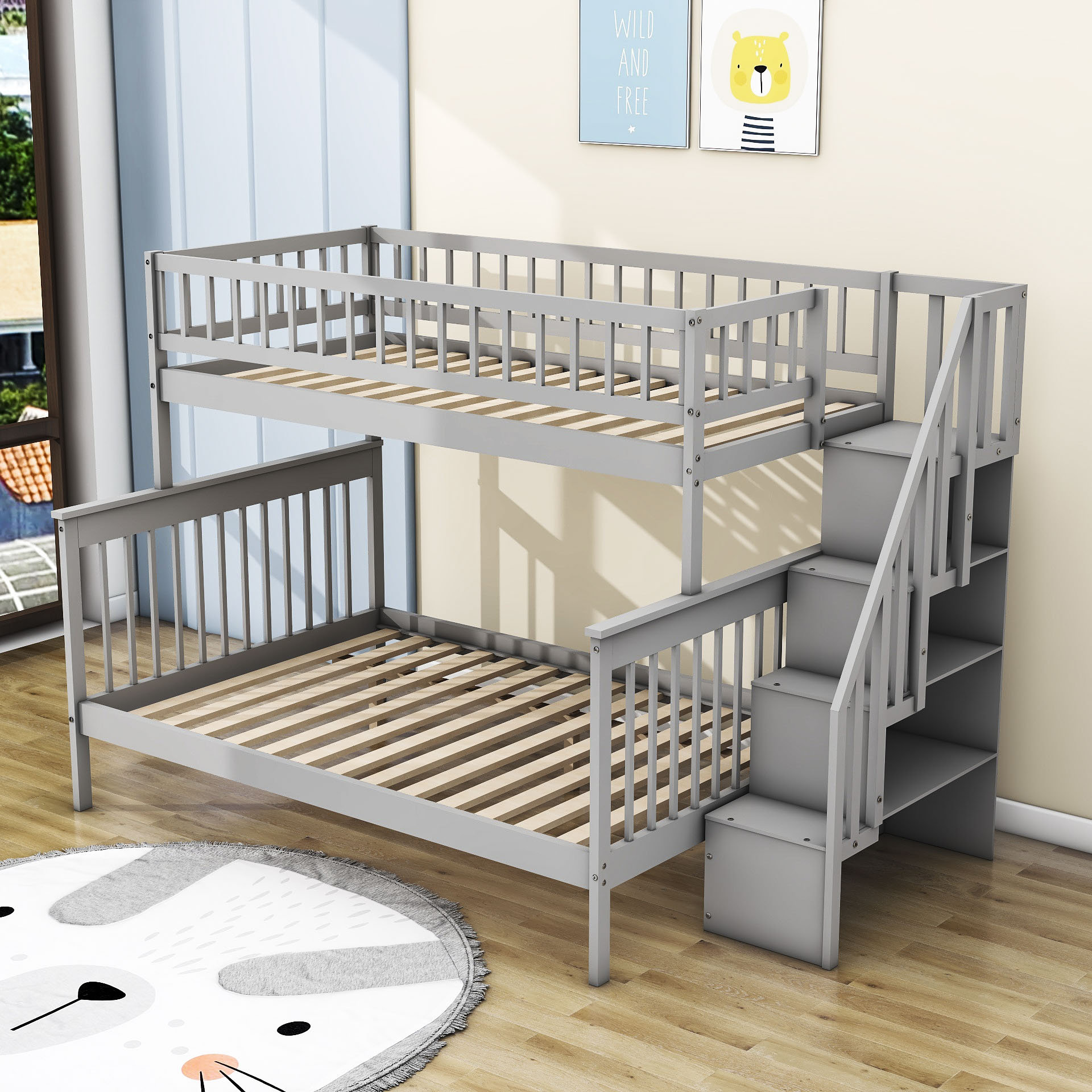 Harriet Bee Doniqua Twin Over Full Wooden Bunk Bed with Storage Shelves ...