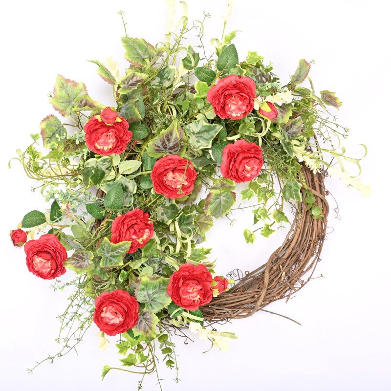 Primrue Handcrafted Faux 26'' Spring Summer Rose Floral Wreath for ...