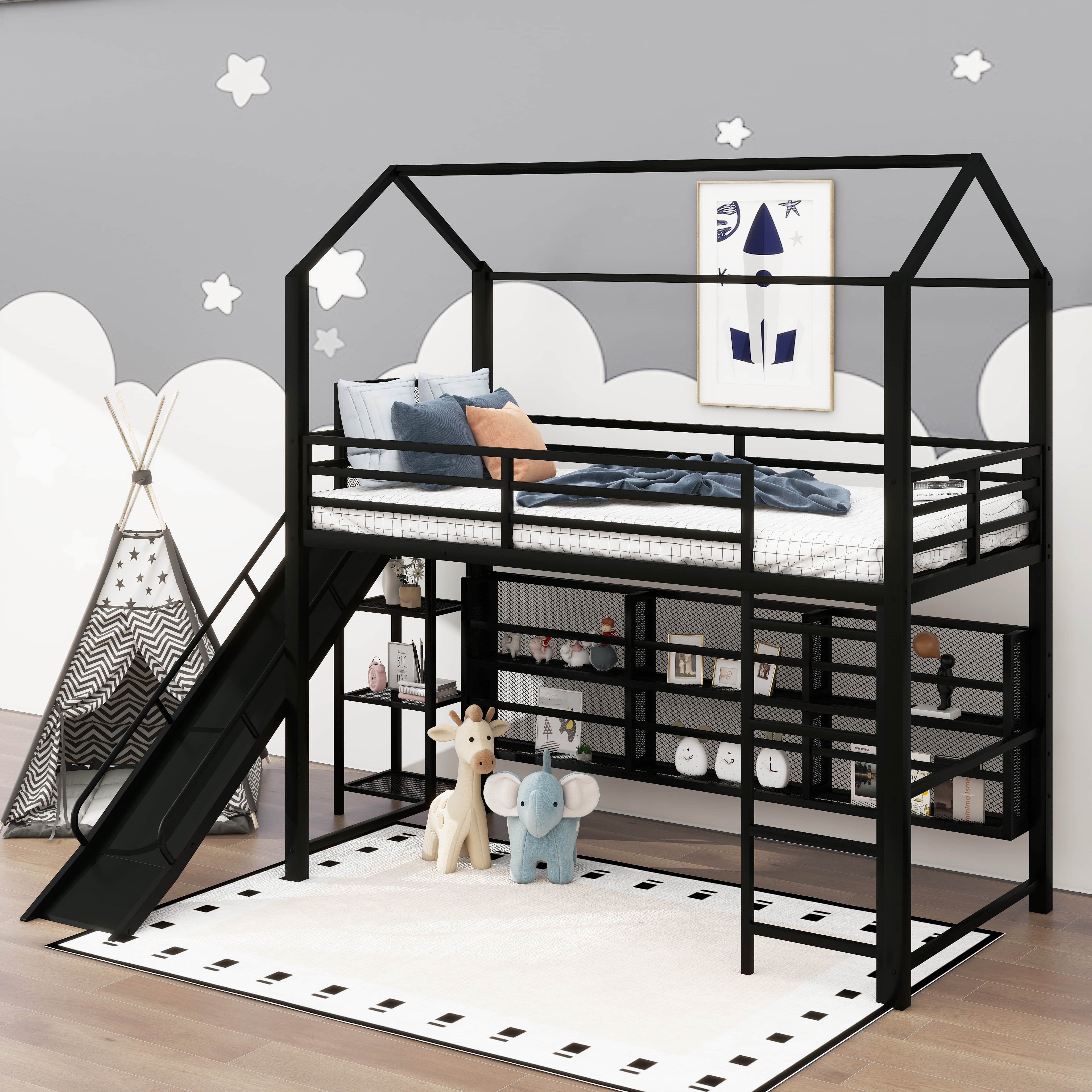 Harper Orchard Twin-Sized Metal Loft Bed With Iron Mesh Shelves And An ...