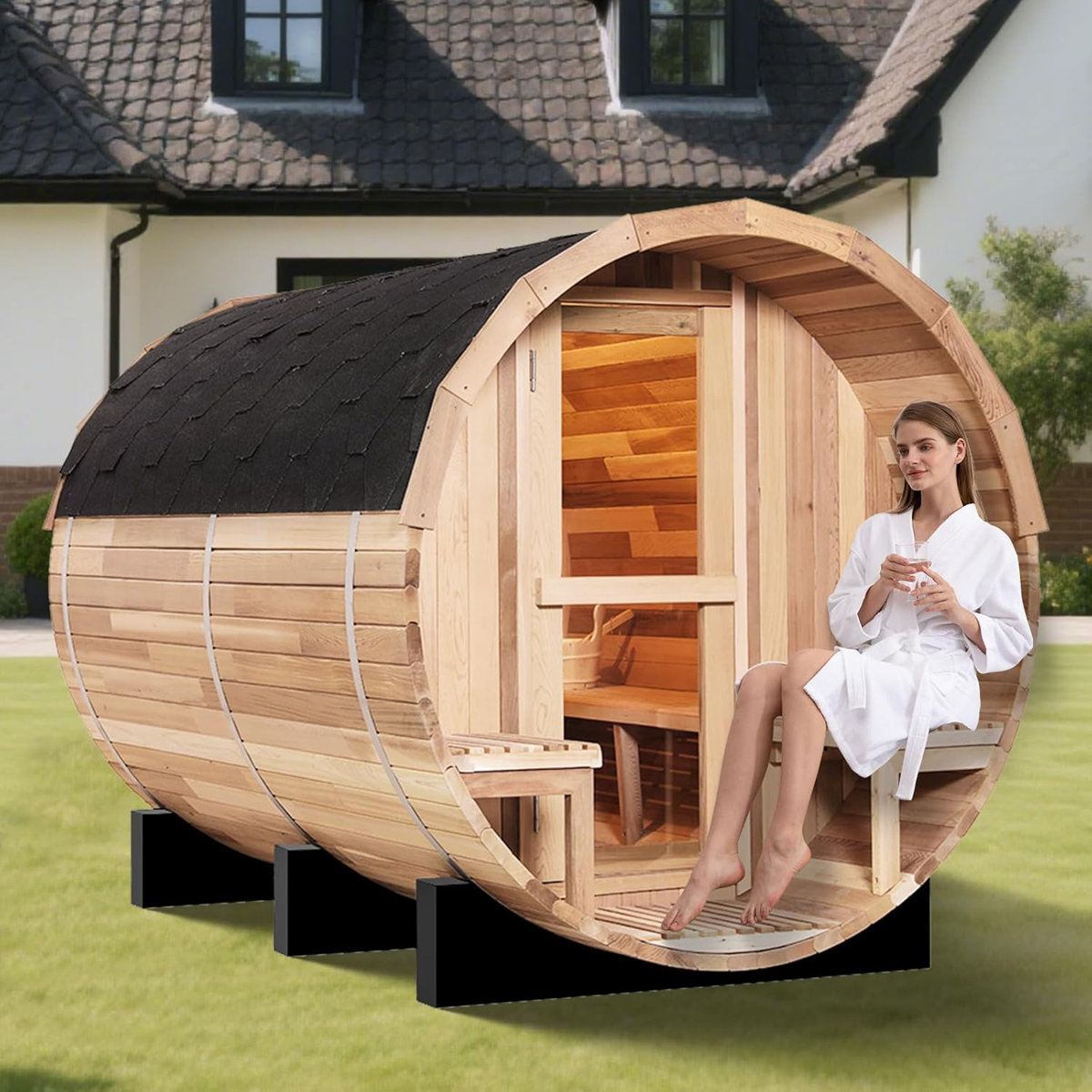 ZONEMEL Outdoor Barrel Steam Sauna, Canadian Red Cedar Sauna Room for 6 ...