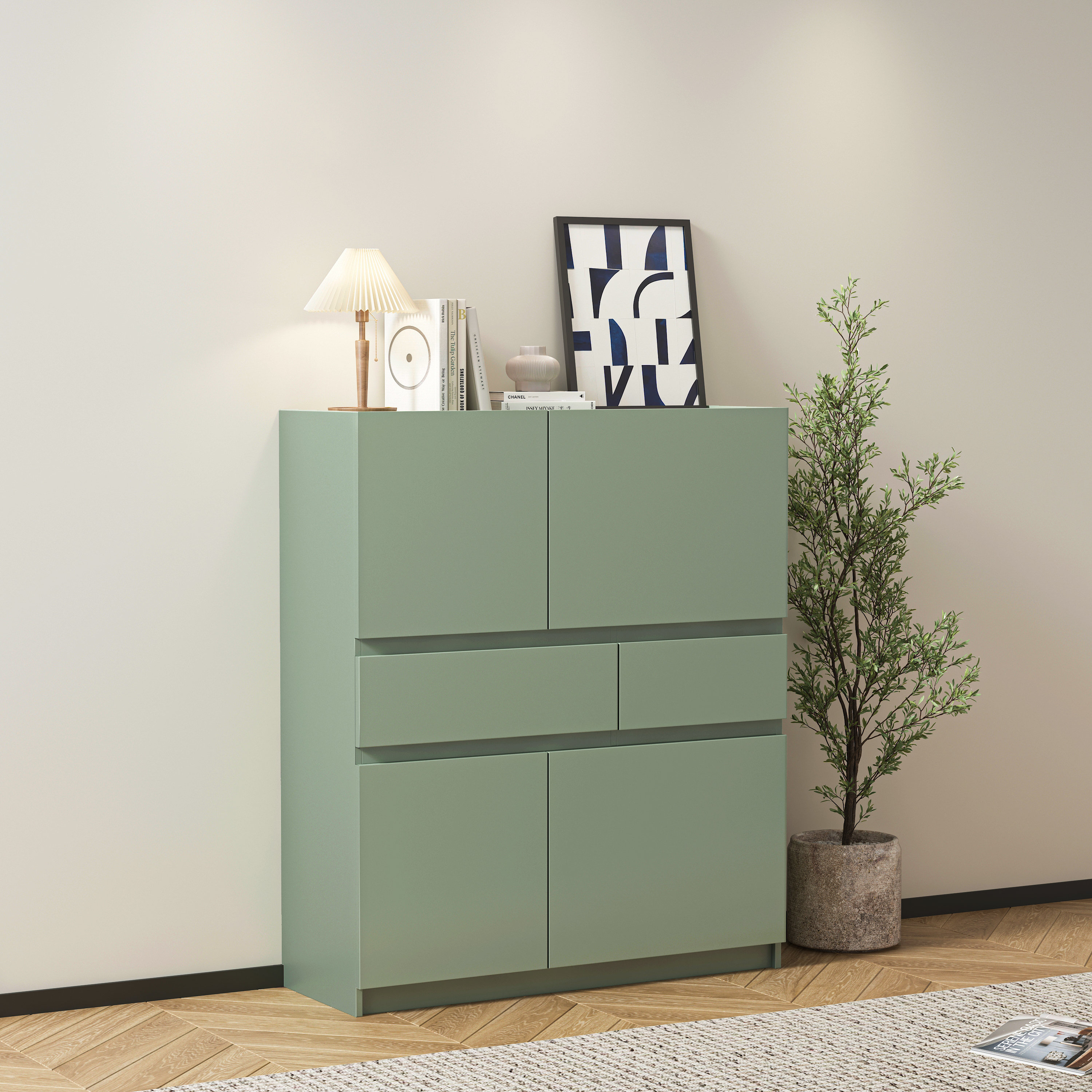 Ebern Designs Green wooden storage cabinet with 4 doors and 2 drawers ...