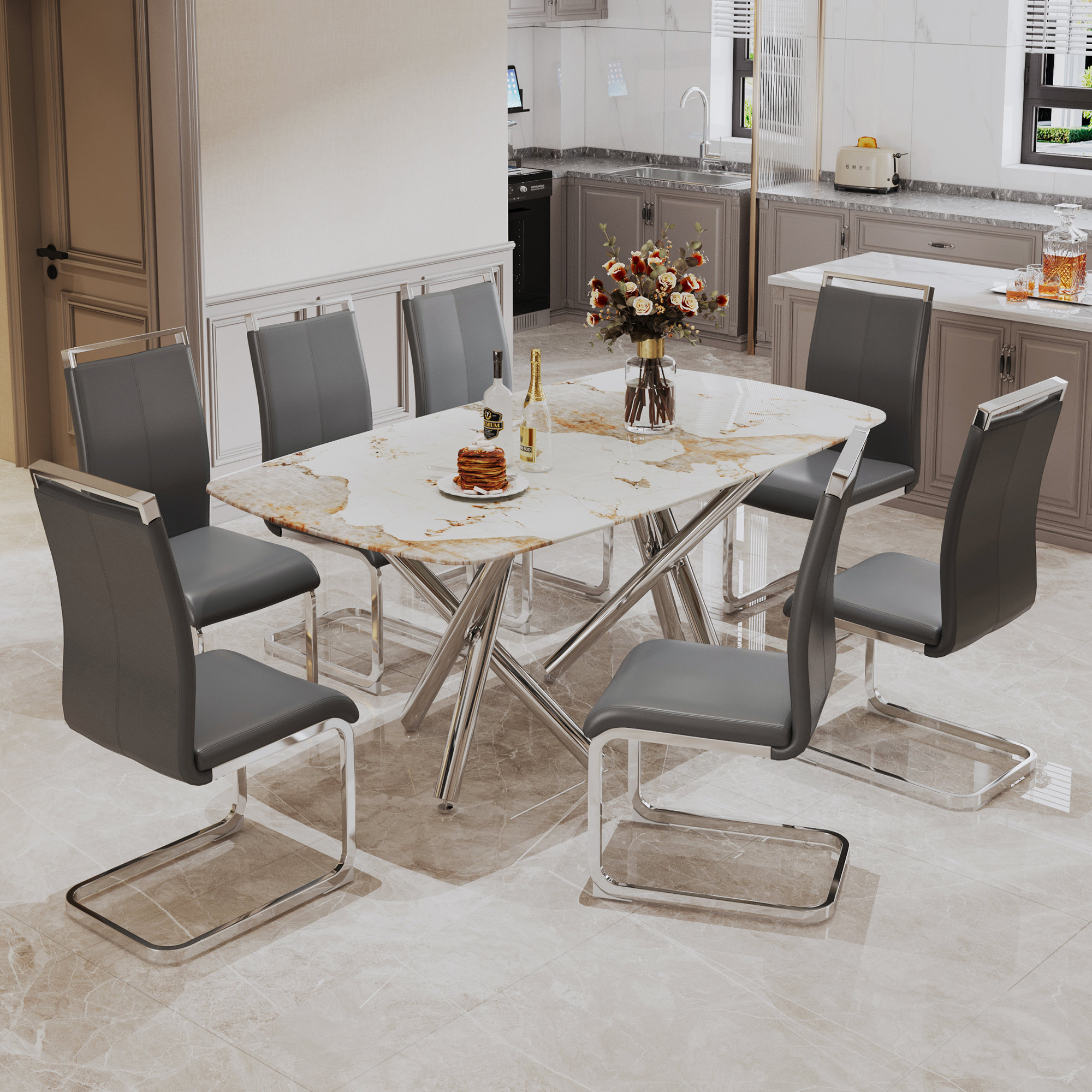 Mercer41 Ghanshyam Rectangular Marble Top Double Pedestal Dining Table ...