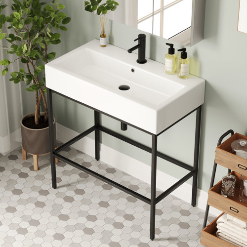 DeerValley Ceramic White Rectangular Single Faucet Hole 32 in Console ...