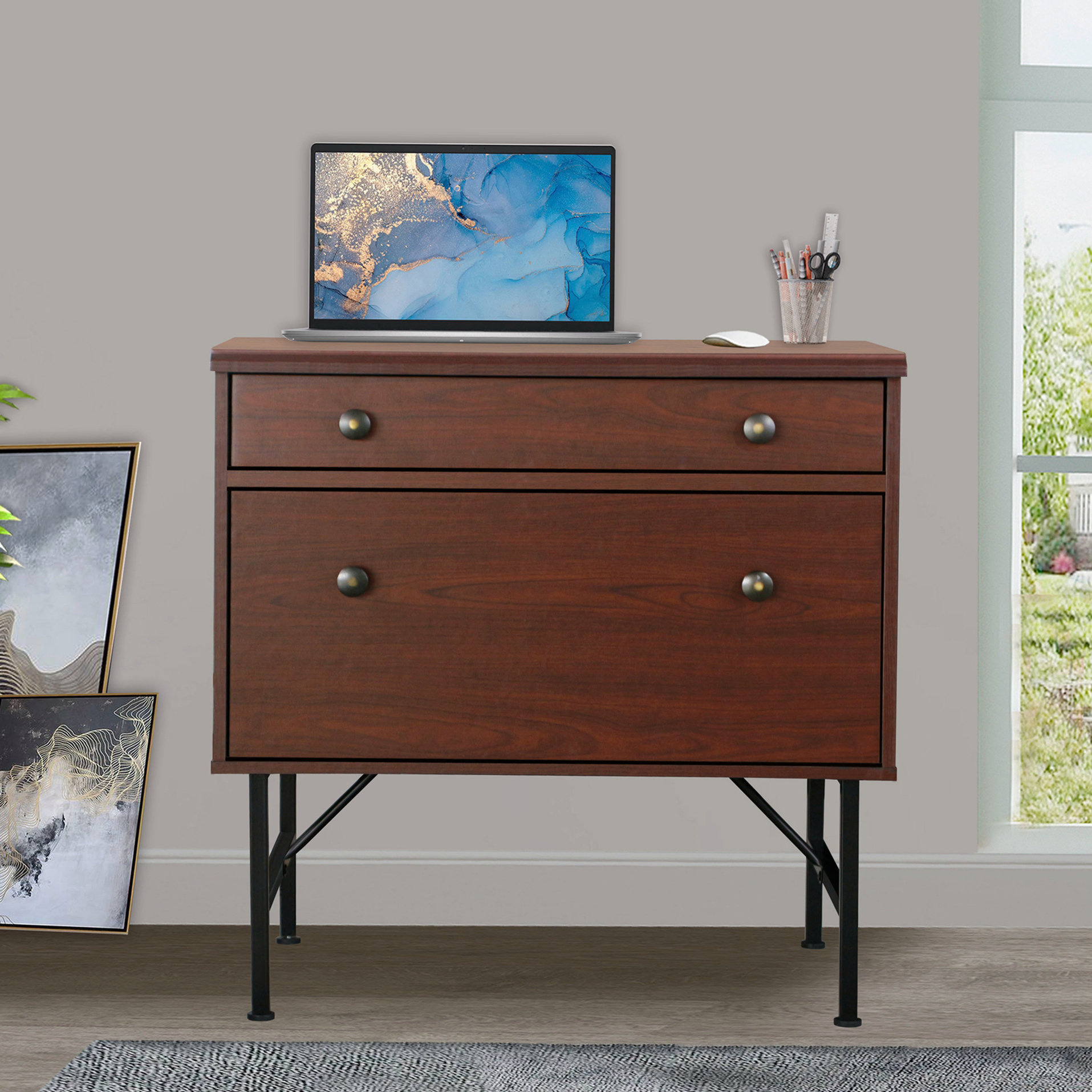 Latitude Run® LATERAL FILE DRAWER Cherry Wood File Cabinet with 2 ...