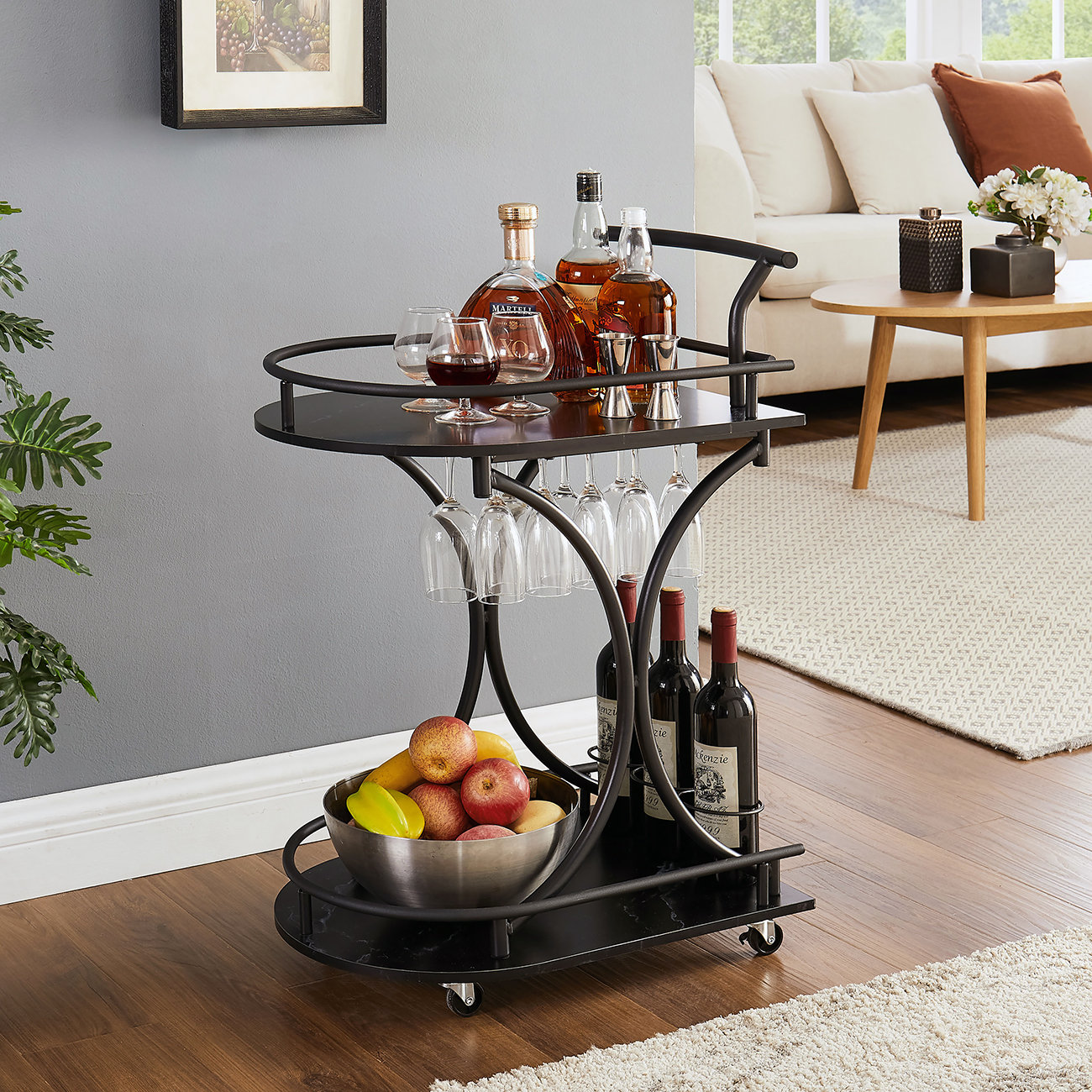 Wrought Studio Black 2-Tier Bar Cart, Slide Bar Serving Cart, Retro ...