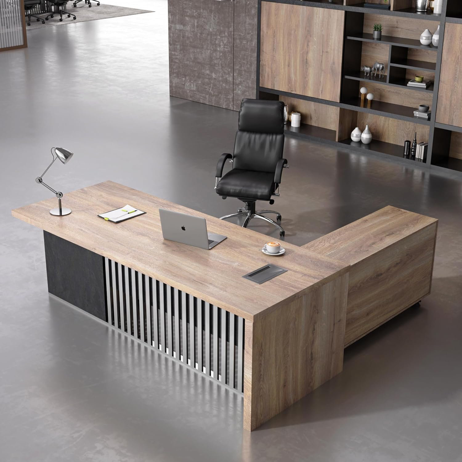 Latitude Run® Shaped Executive Office Desk with 2 Drawers, Modern Home ...
