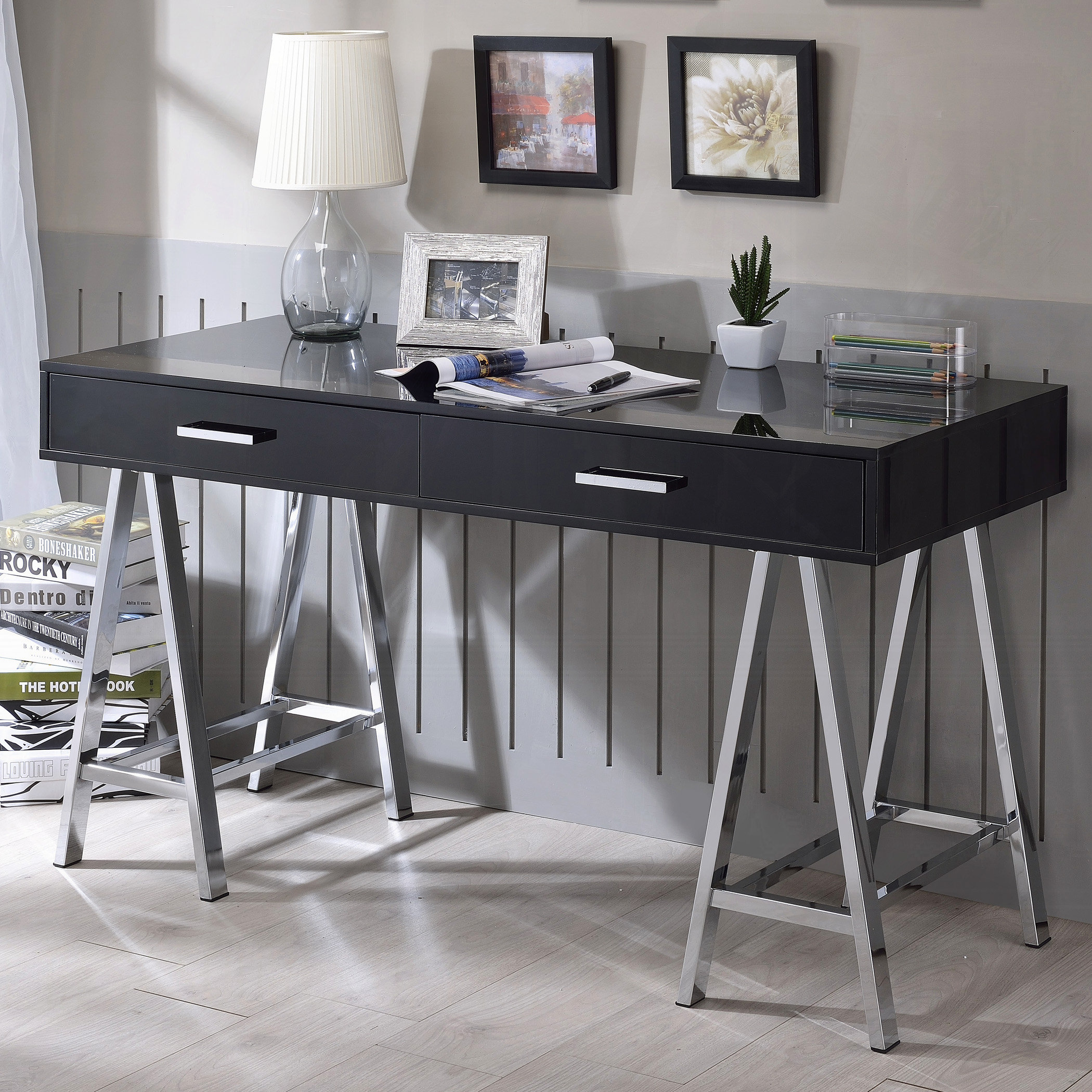 Ivy Bronx Desk,Black High Gloss And Chrome 2-Drawer Writing Desk | Wayfair