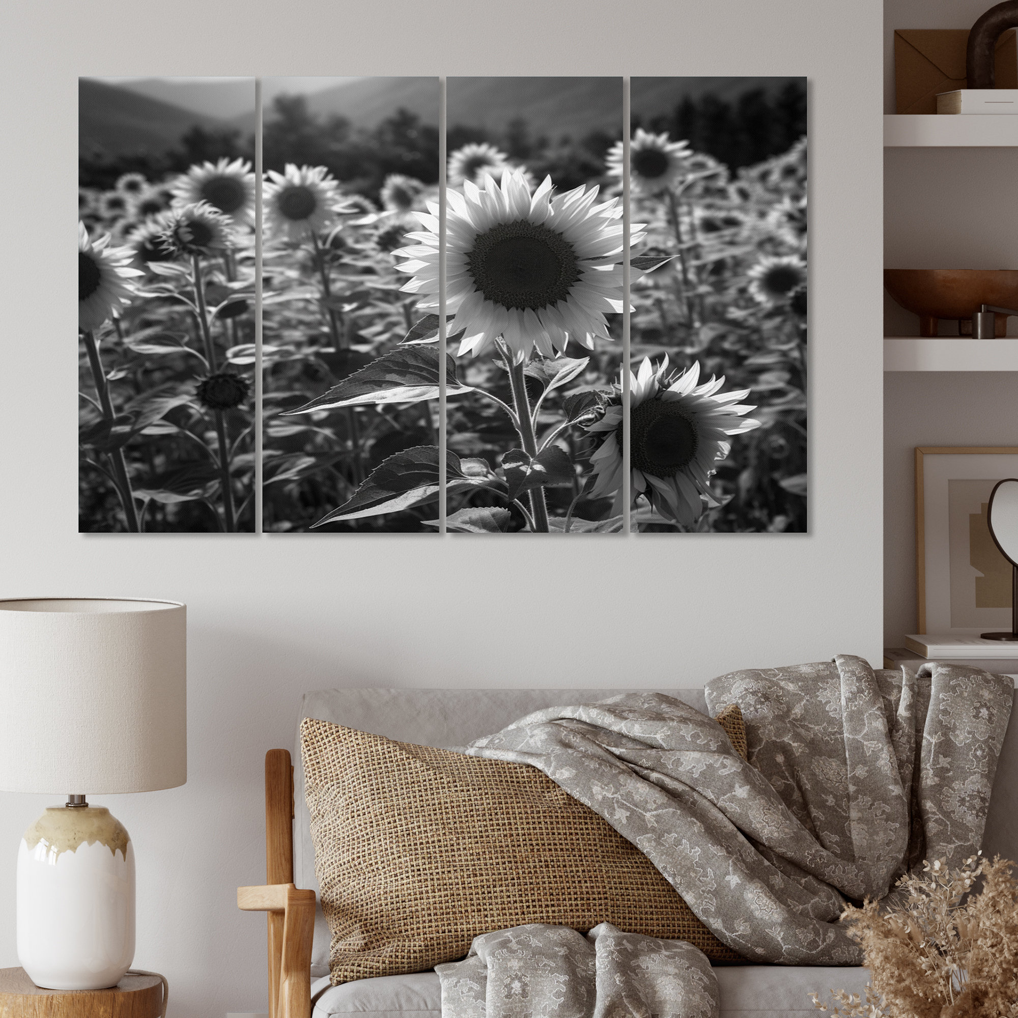 Design Art 4 Black White Sunflower Filed II Wall Decor Set Metal | Wayfair