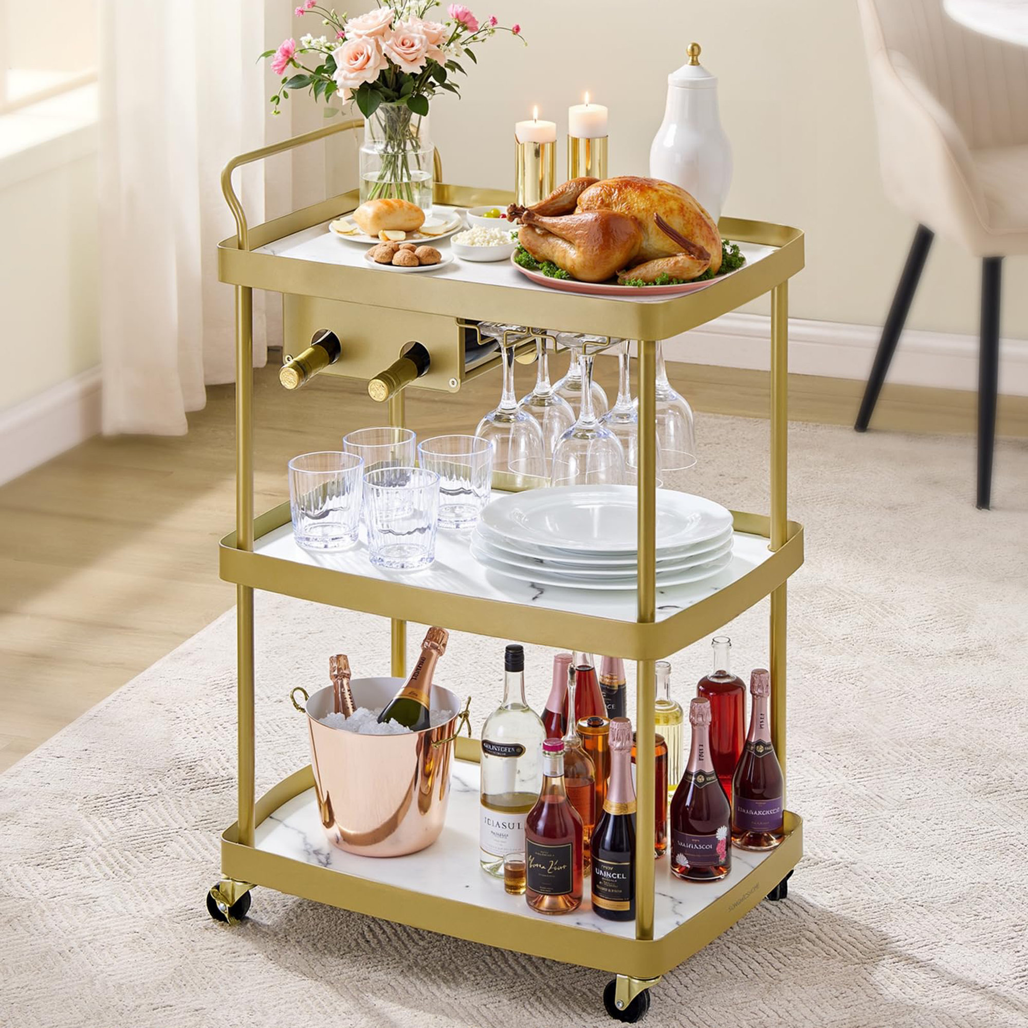 Everly Quinn Home Bar Serving Cart with 3 Shelves, Flexible Bottle Rack ...