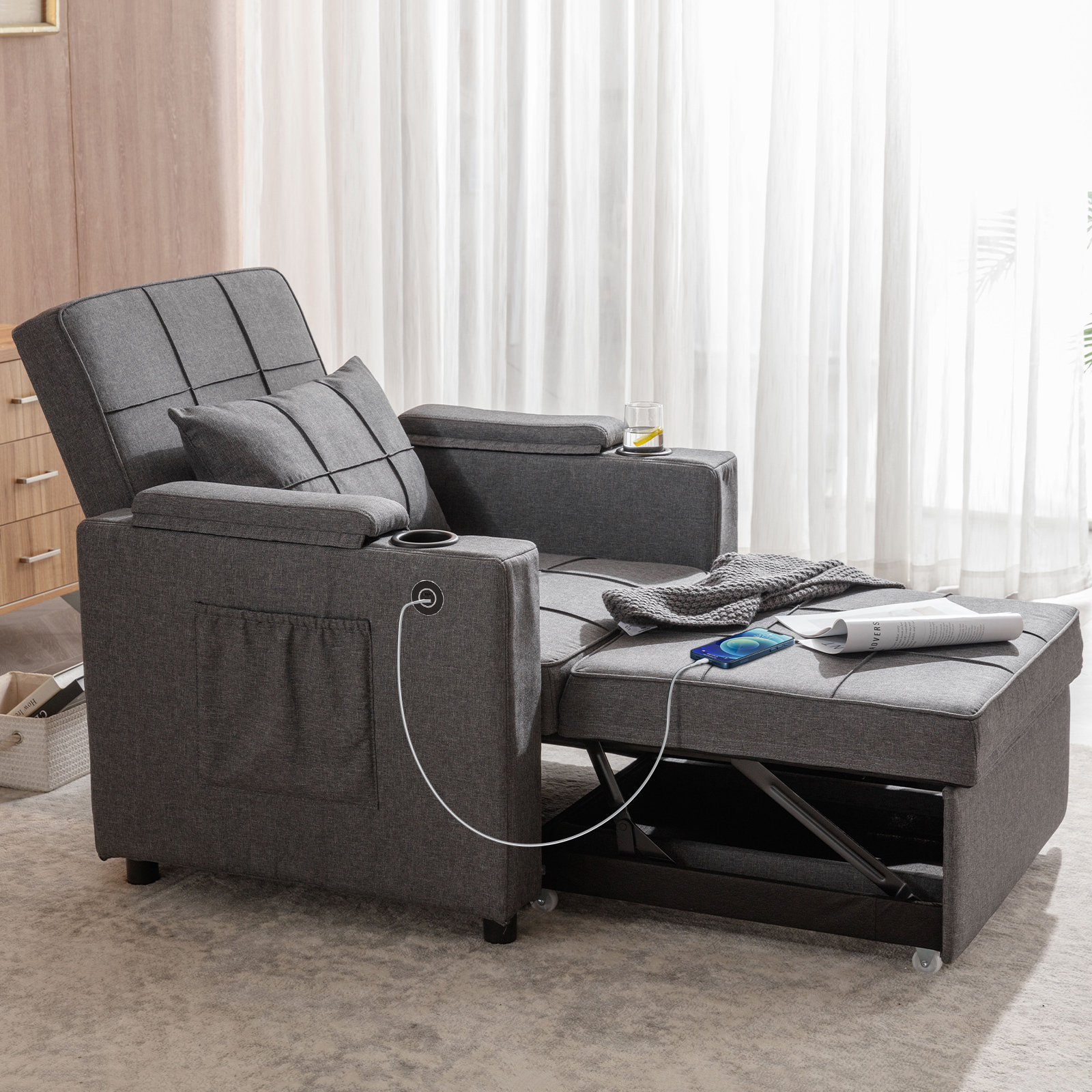 Ebern Designs Kevron Convertible Sleeper Chair Bed, Futon Armchair Bed ...