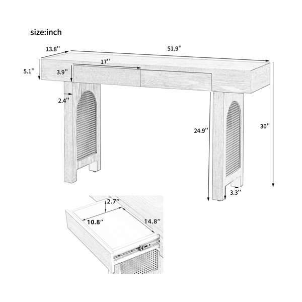 Bayou Breeze Narrow Console Table With Rattan Accent, Natural Wood ...