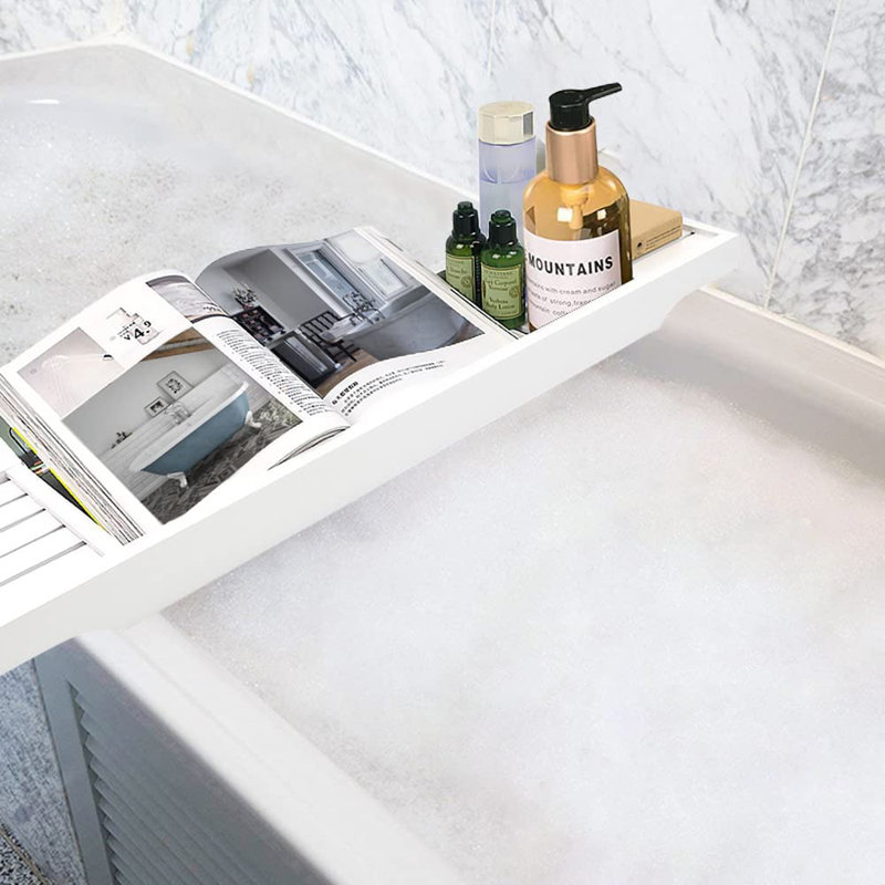 Belfry Bathroom Bamboo Bath Caddy Tray Bridge - White Bath Caddy Wooden ...