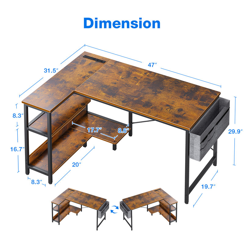 Inbox Zero Kirstey L-Shape Gaming Desk with Built in Outlets,Computer ...