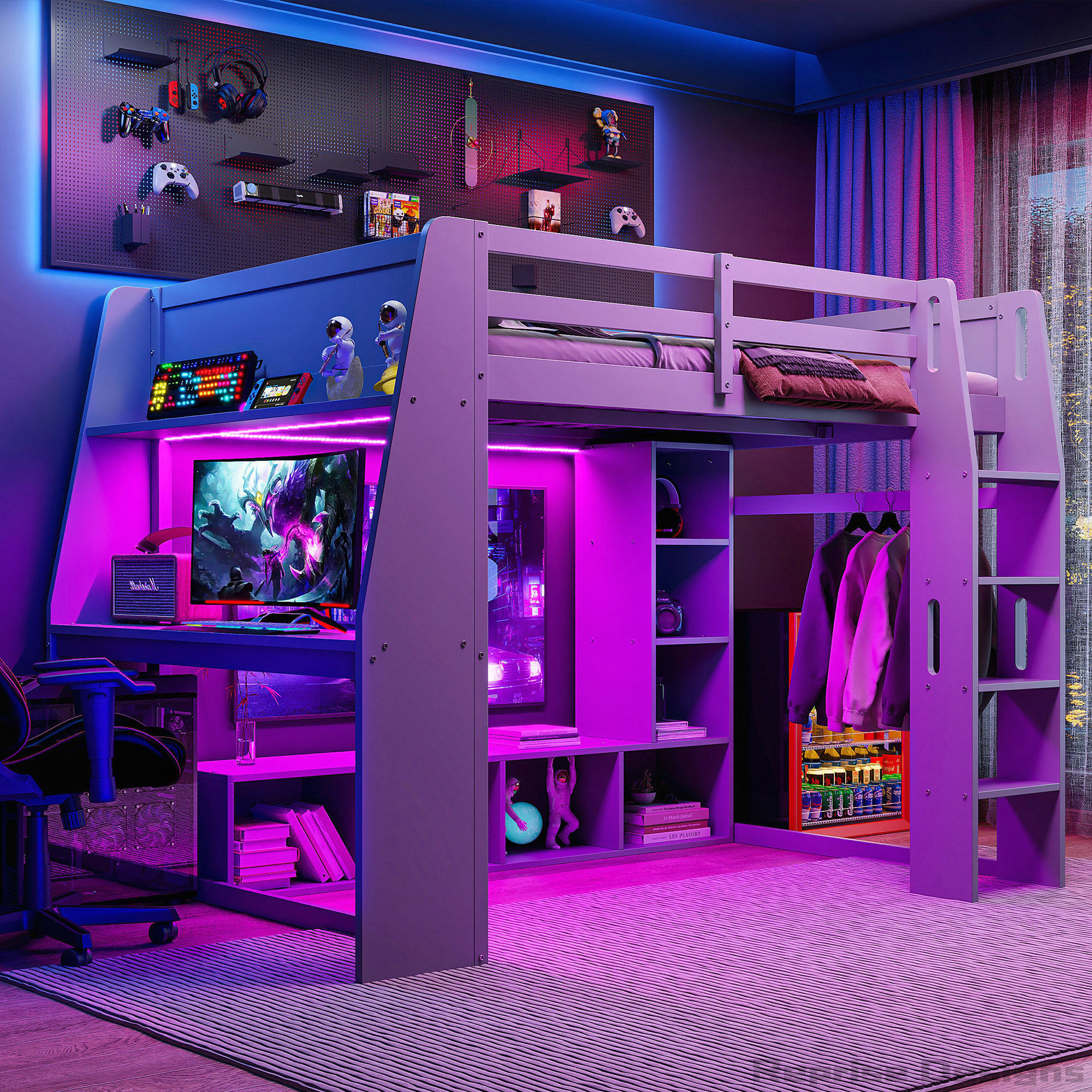 Harriet Bee Wood Gaming Loft Bed with Desk, Multi-storage Shelves, LED ...