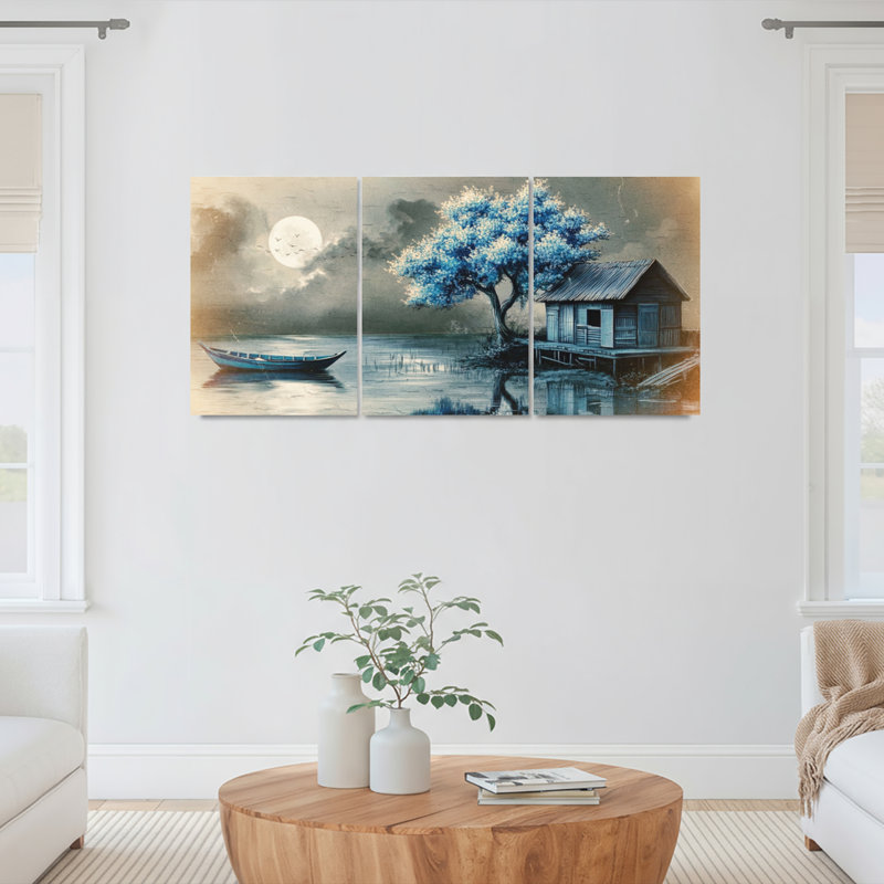 Winston Porter Moonlit Lake Scene With Boat Tree And Cabin Canvas ...