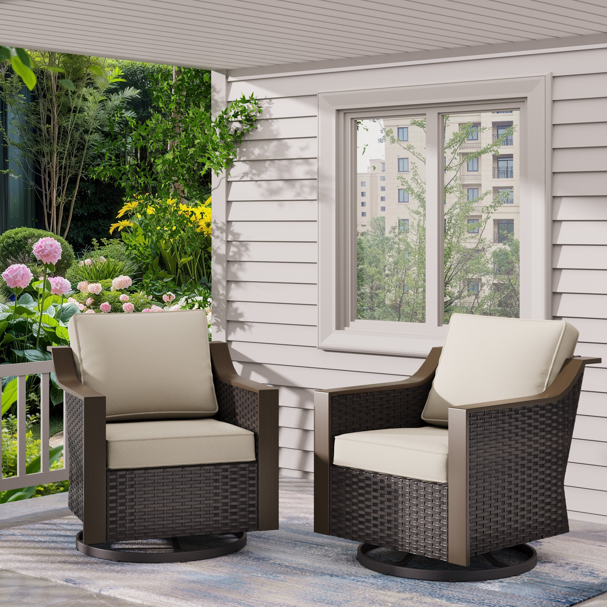 Latitude Run® Outdoor Rattan Swivel Rocking Chair With Cushions | Wayfair
