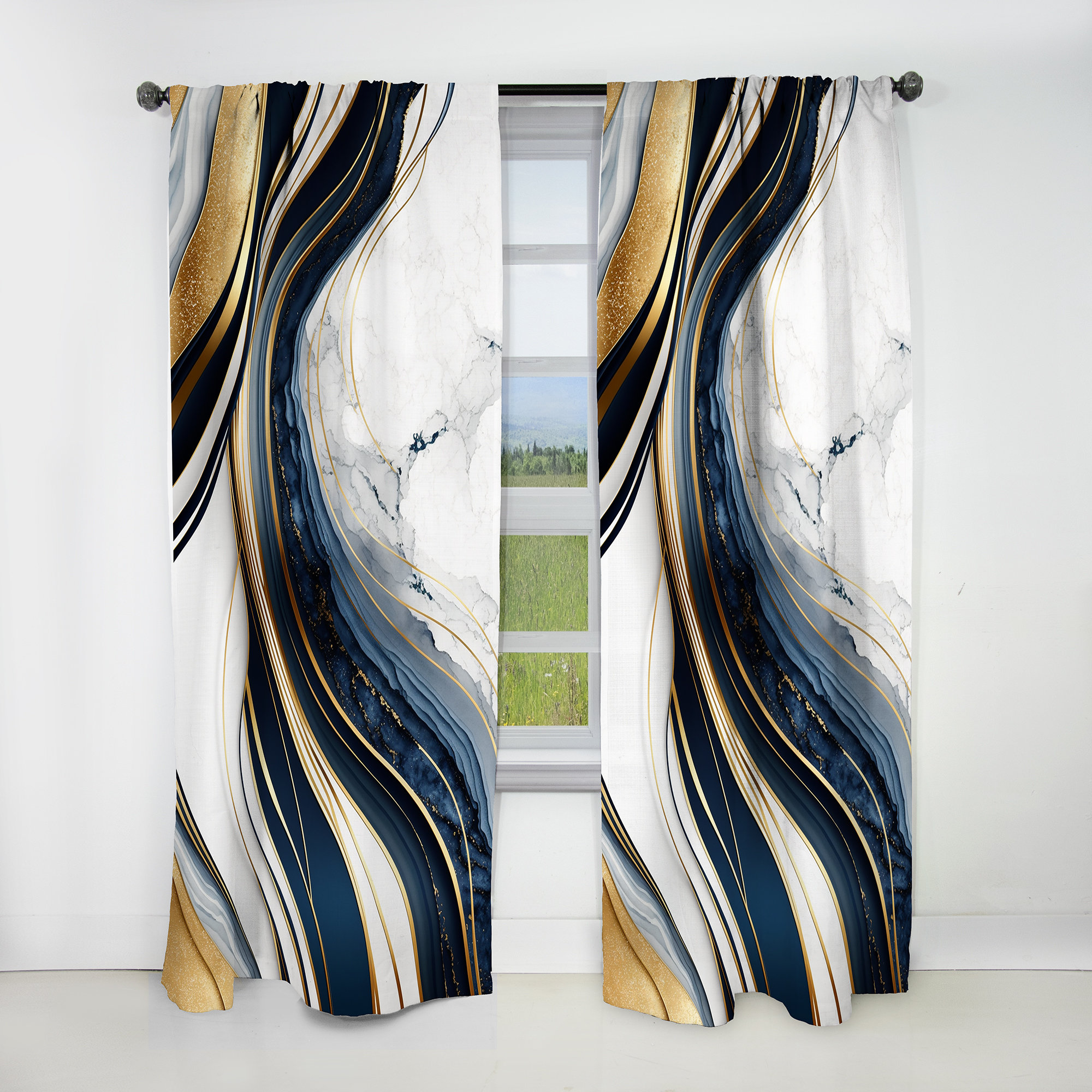 Design Art Abstract Geode Waves Blue And Gold III - Modern Blackout ...