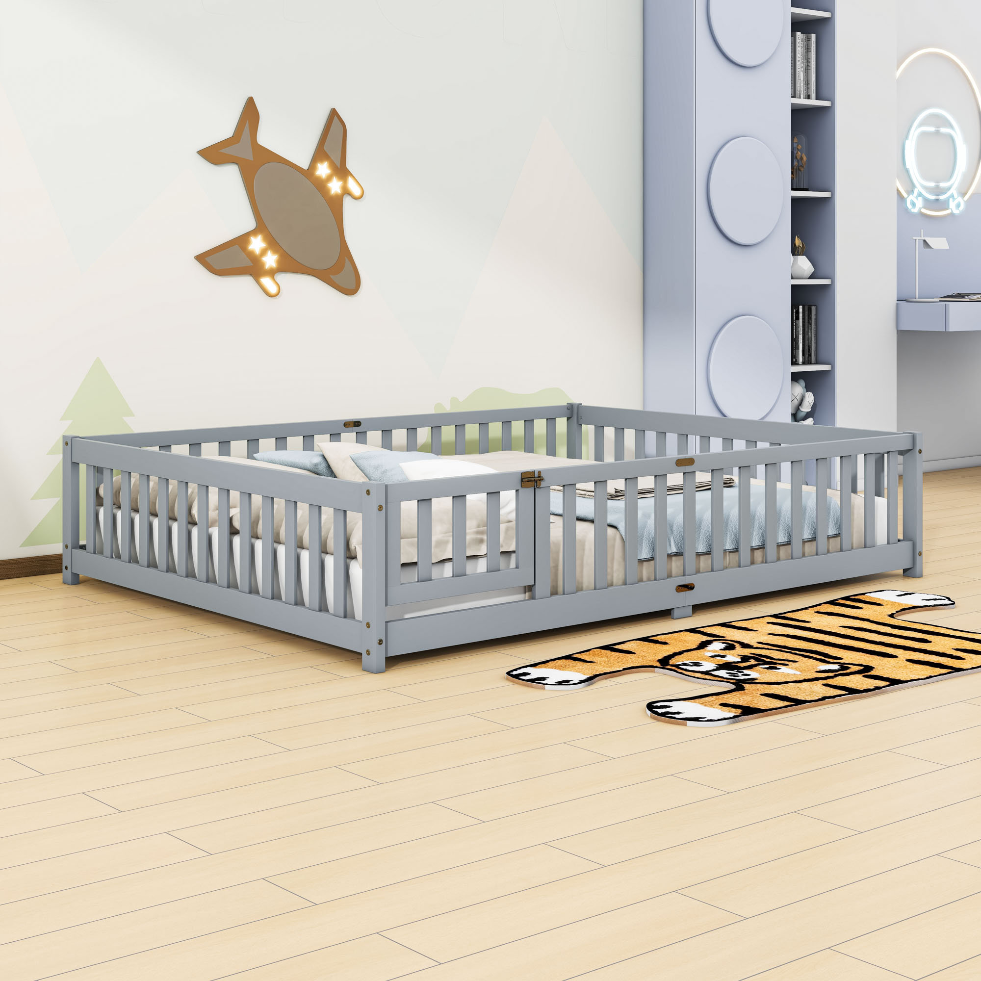 Harriet Bee Queen Wooden Frame Floor Bed With Fence - Wayfair Canada