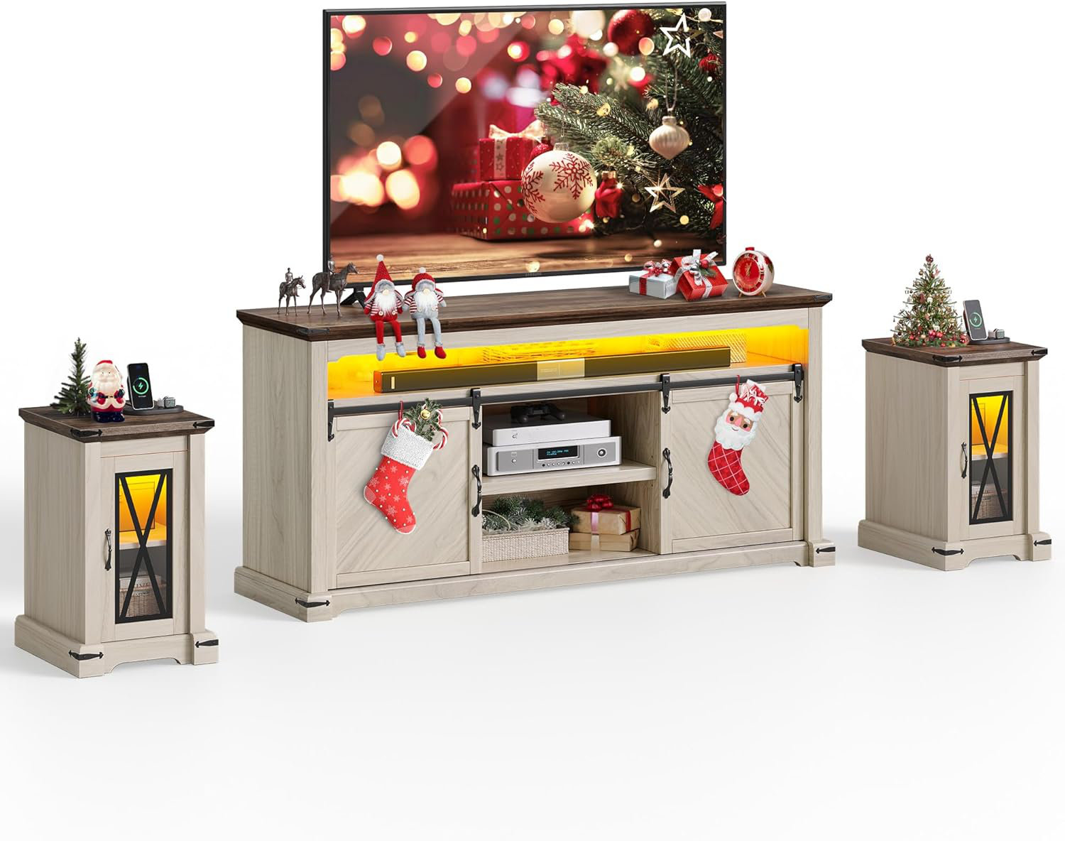 DEBLIT TV Stand 3-Piece Sets,Includes Sliding Barn Door and 2Pcs ...