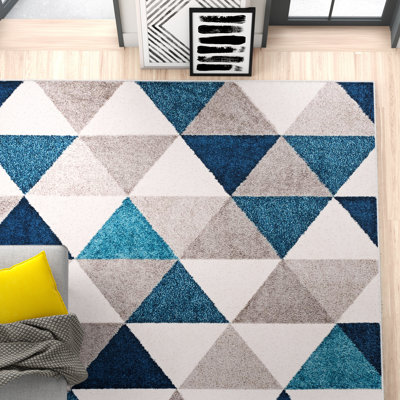 Wrought Studio Rubino Modern Geometric Blue/Gray Easy to Clean Area Rug ...