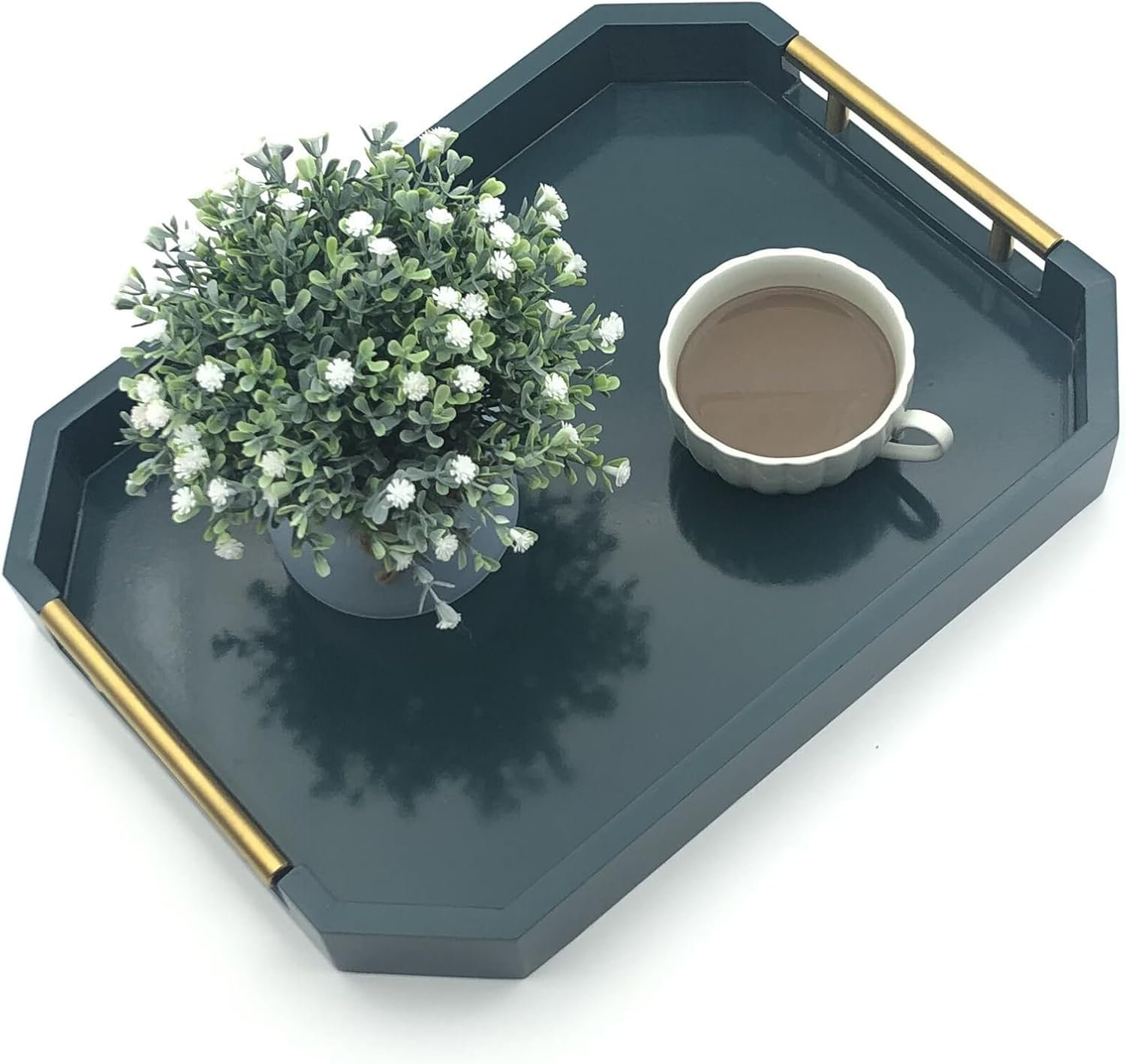 Everly Quinn Tray With Polished Metal Handles, Hexagon Coffee Table ...