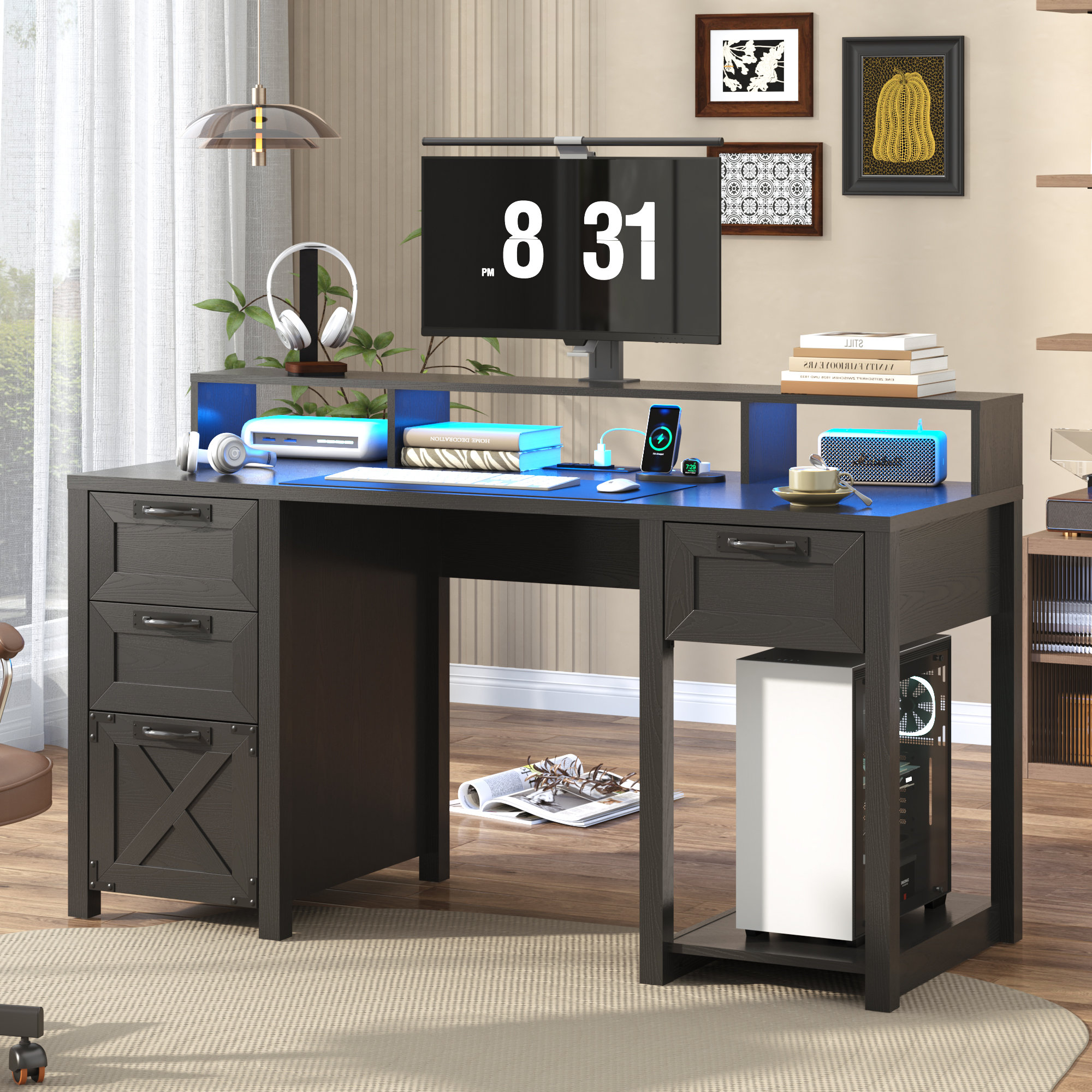 Gracie Oaks 59" Computer Desk With Monitor Shelf, Power Outlet, LED ...