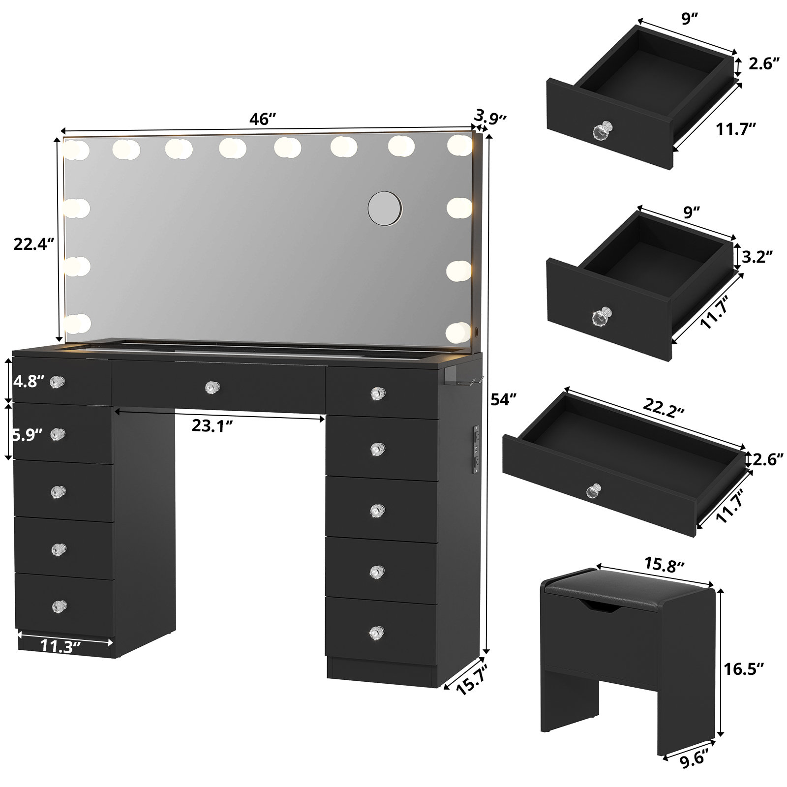 Latitude Run® Greyden Vanity With 11 Drawers & Lighting Bulbs, Storage ...
