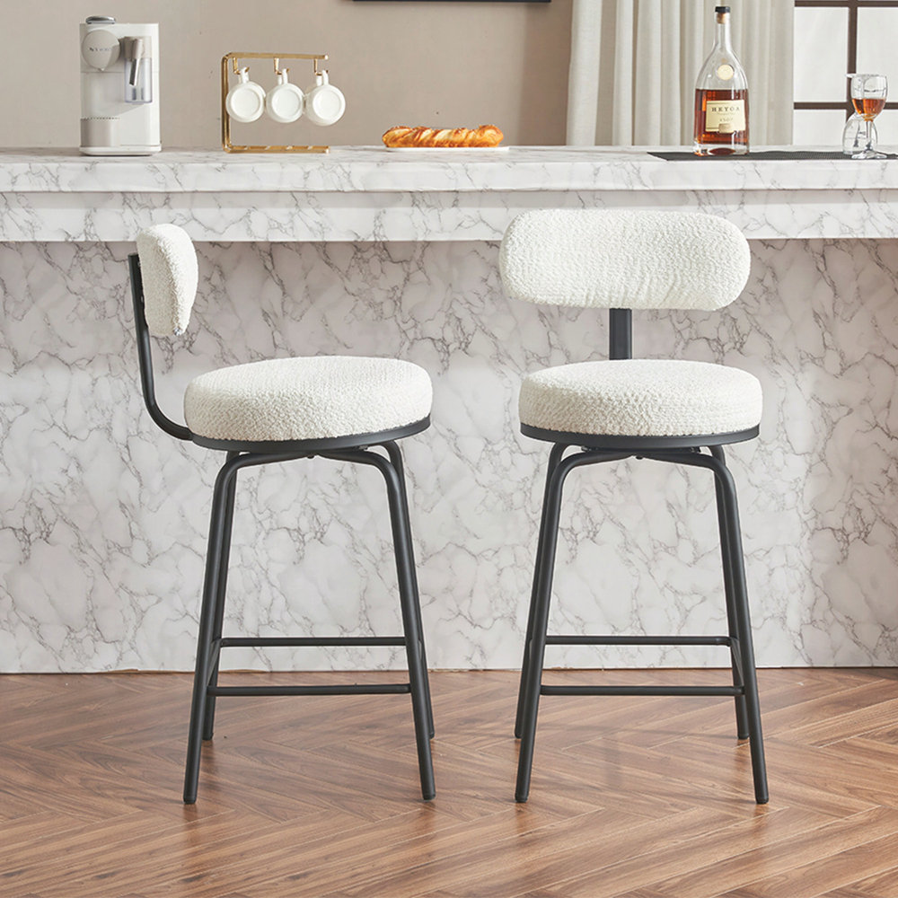 Corrigan Studio 2 Modern Swivel Bar Stools: Boucle Upholstery, Metal ...