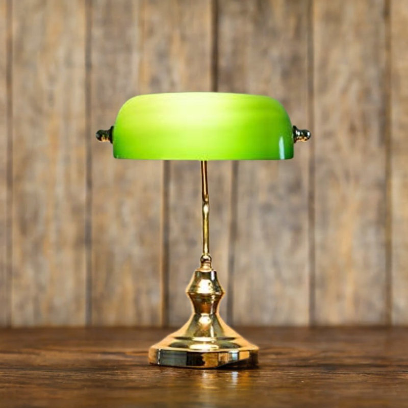 House of Hampton® Retro Glass Brass Base Bankers Desk Lamp with Pull ...