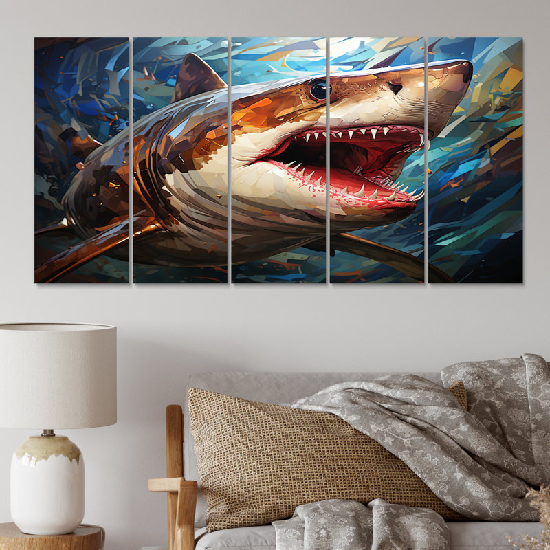 Rosecliff Heights Blue Shark Predators Glare Geometric II On Canvas 5 ...