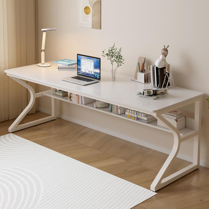 Latitude Run® Extra Long Desk with Bookshelf - 71" Double Long Writing ...