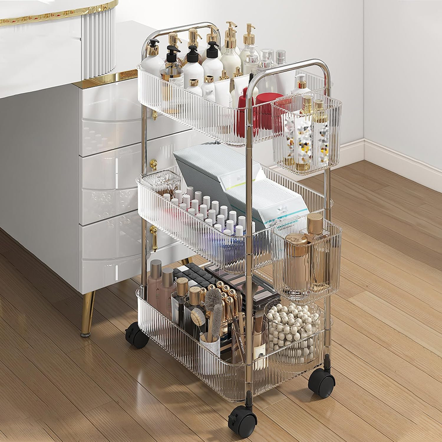 KAISHENGDAA 3-Tier Acrylic Storage Rolling Cart Clear Bathroom Cart ...