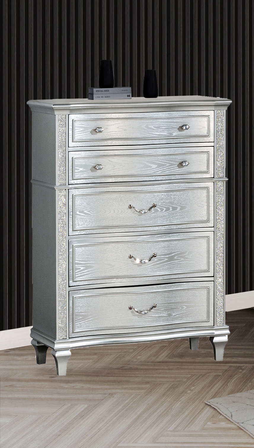 Rosdorf Park Silver Glitter Glam Chest With Faux Crystal Handles | Wayfair