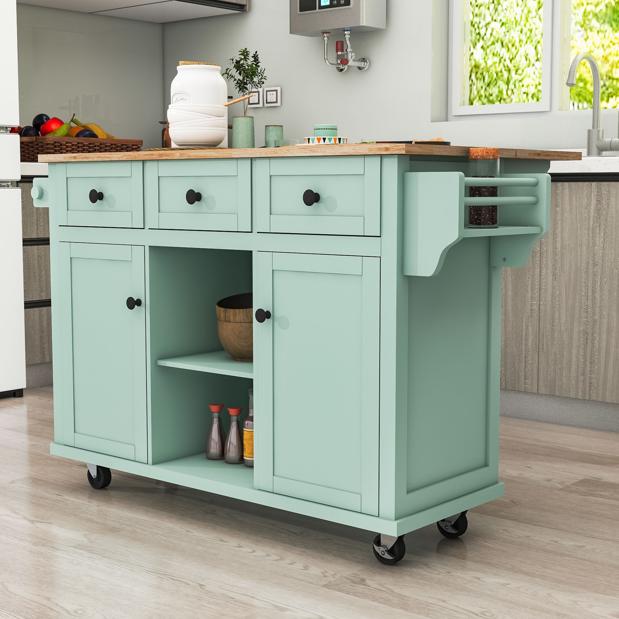 Winston Porter Kitchen Island with Storage Cabinet and 3 Drawers for ...