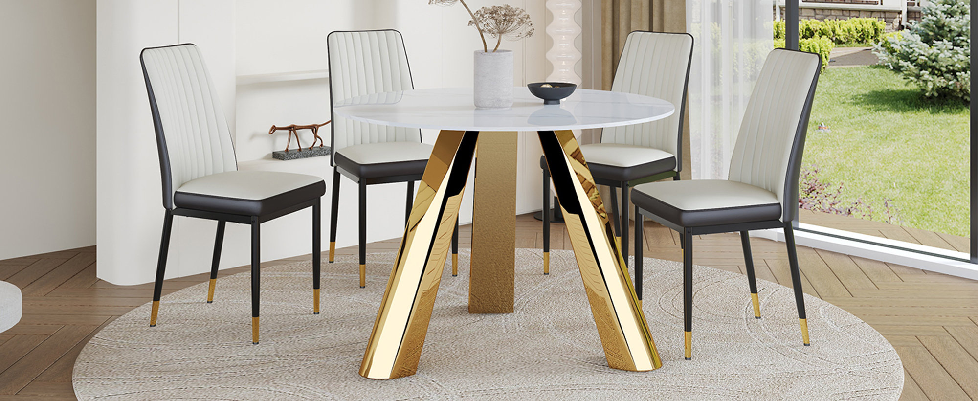 Latitude Run® A 42-inch round dining table with cast iron base and ...