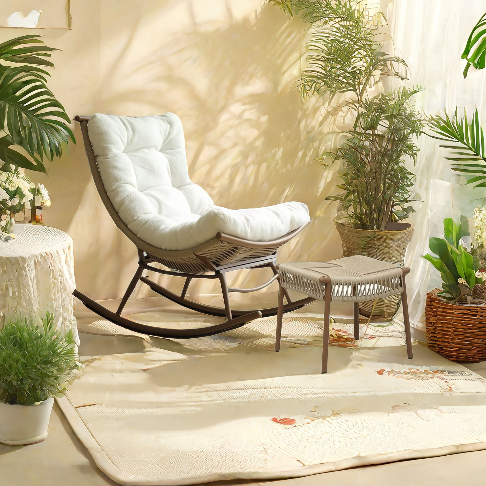 VIBORZ Modern Rattan Rocking Chair with Ottoman | Wayfair