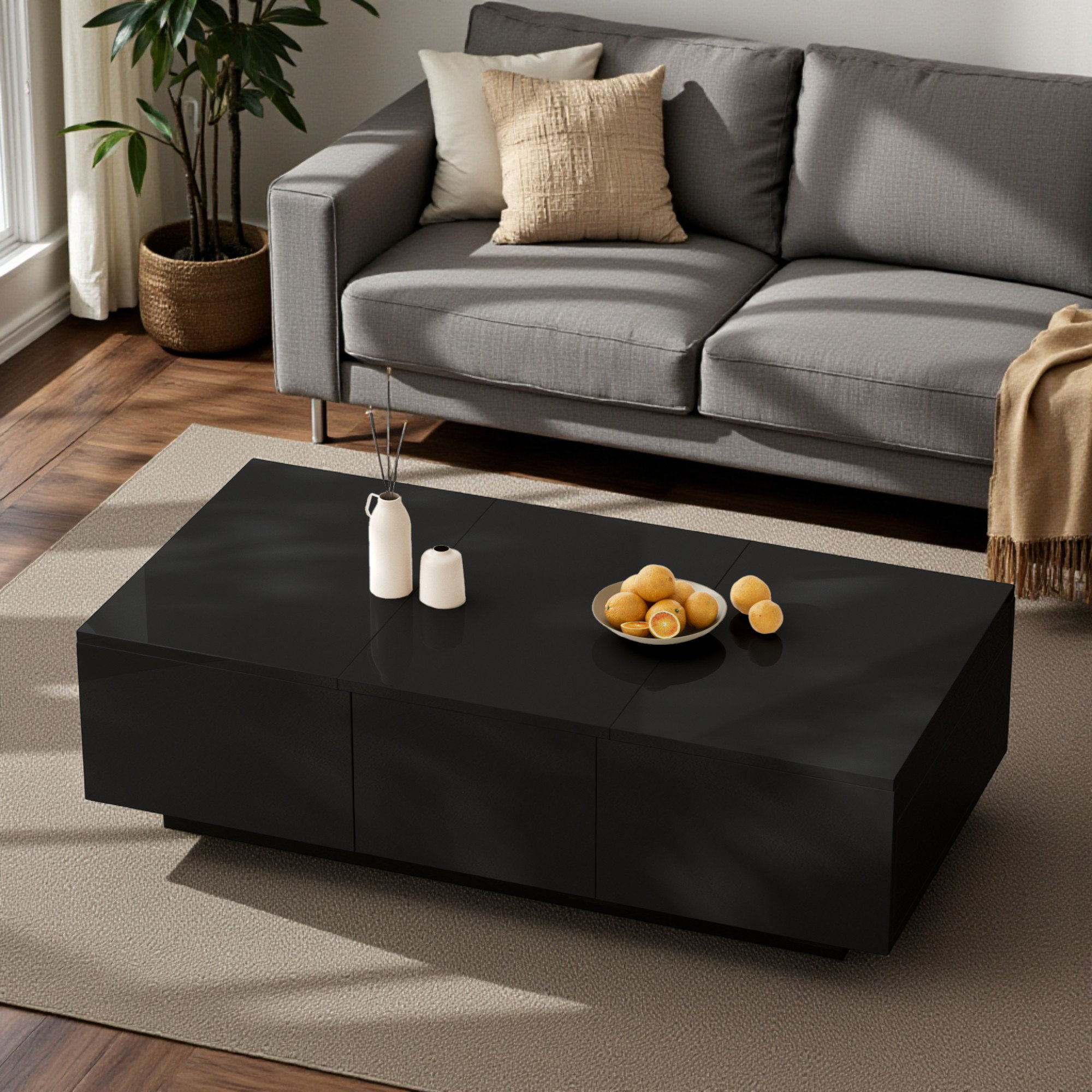 Metro Lane Black High-Gloss Coffee Table With Push-Pull Storage ...
