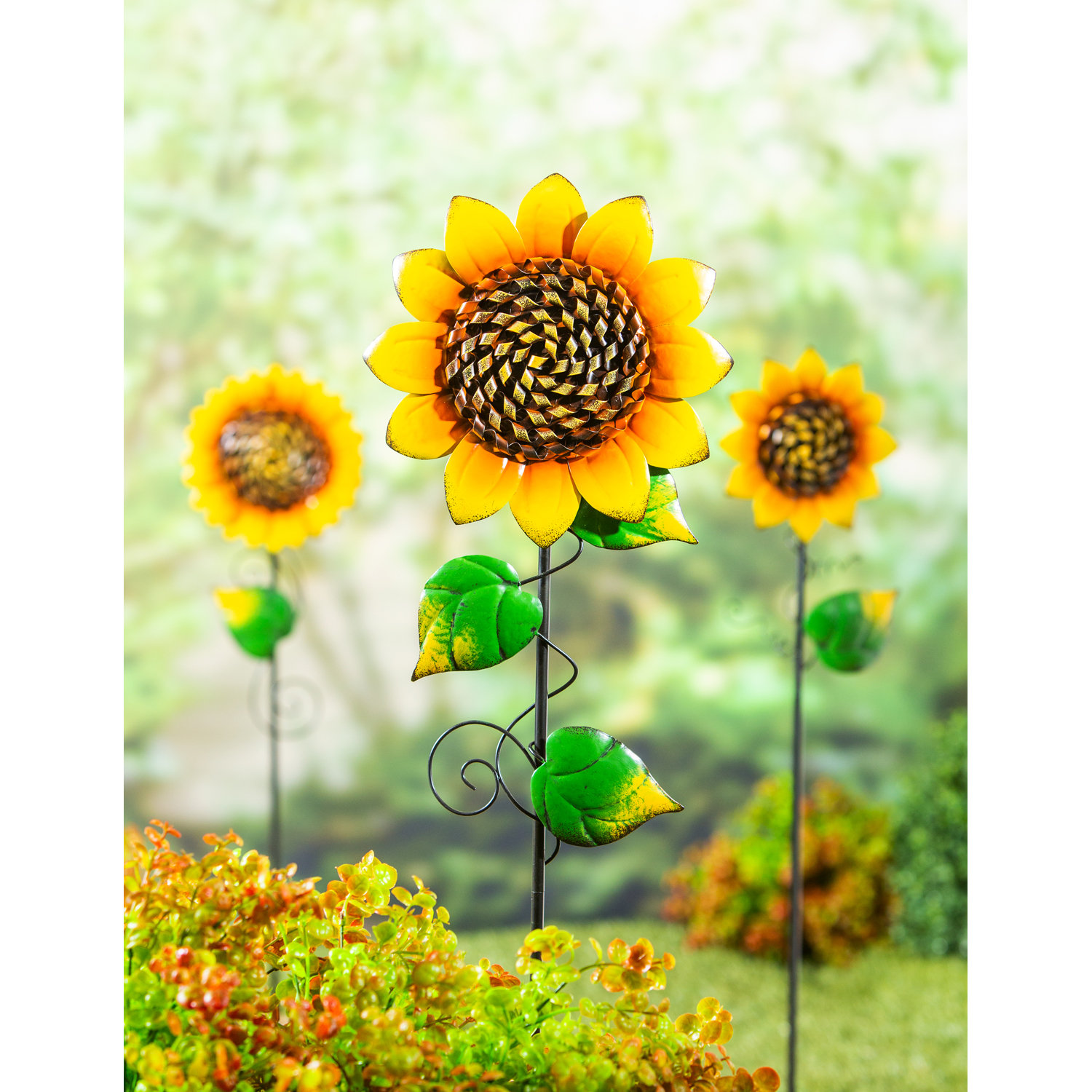 Arlmont & Co. Radiant Sunflower 3 Piece Garden Stake Set | Wayfair