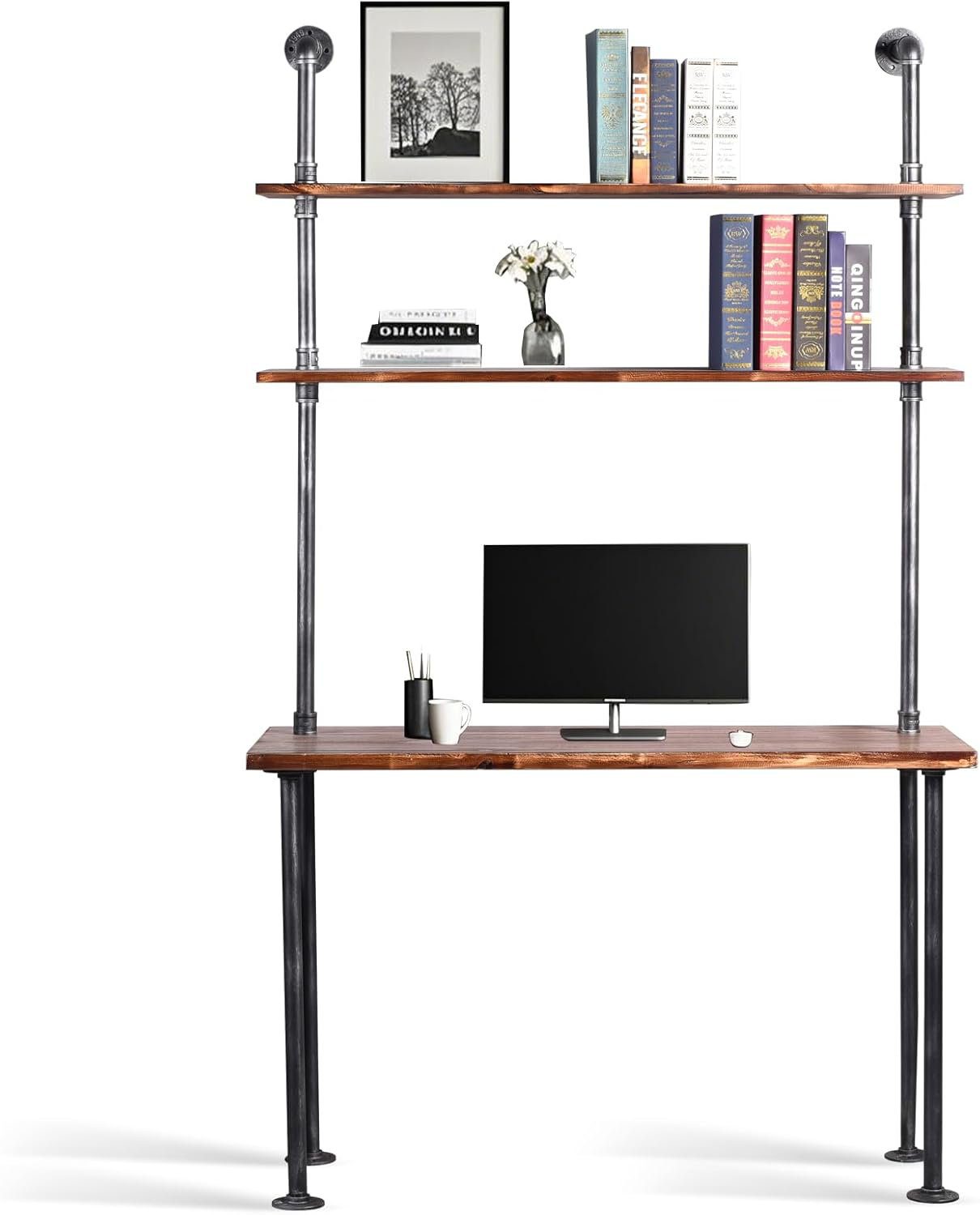 Williston Forge Industrial Laptop Desk With Shelves, Solid Wood ...