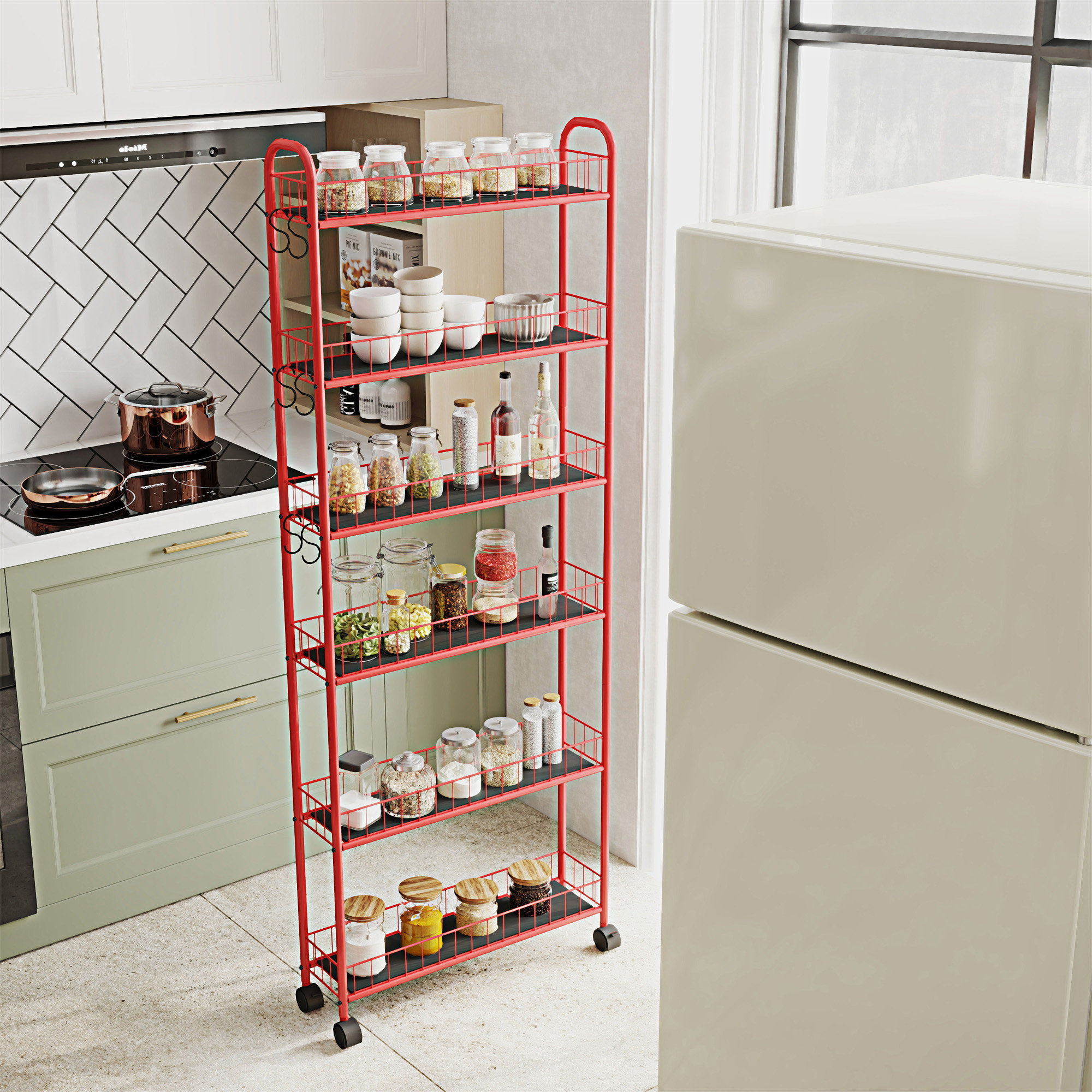 17 Stories Red 6-Tier Rolling Cart Gap Kitchen Slim Slide Out Storage ...