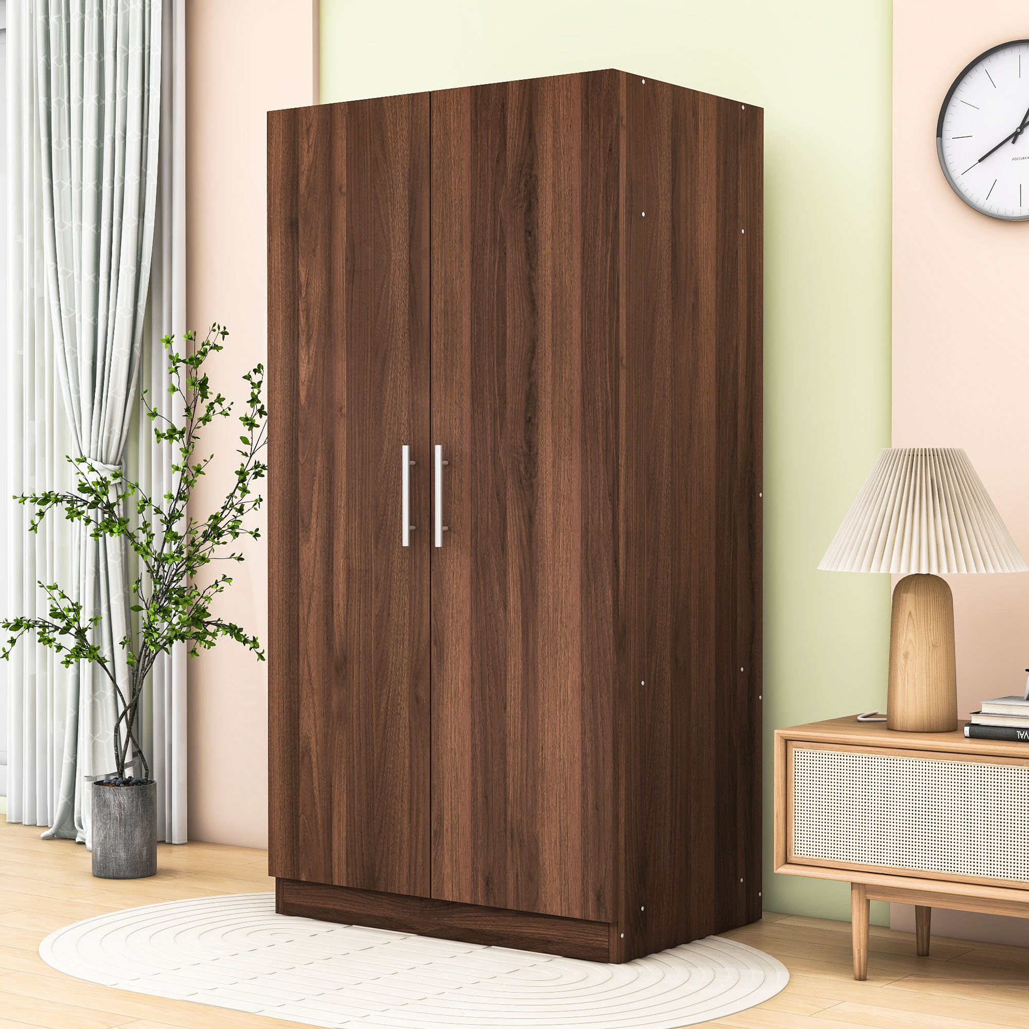 Millwood Pines Wood 2-Door Wardrobe with 3 Internal Shelves and Hanging ...