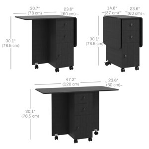 Ebern Designs Foldable Dining Table, Rolling Kitchen Table with Drawers ...
