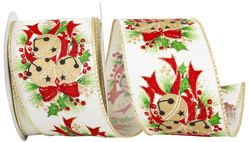 The Holiday Aisle® 2-1/2"X10Yd Ivory/Gold Christmas Bells & Holly ...