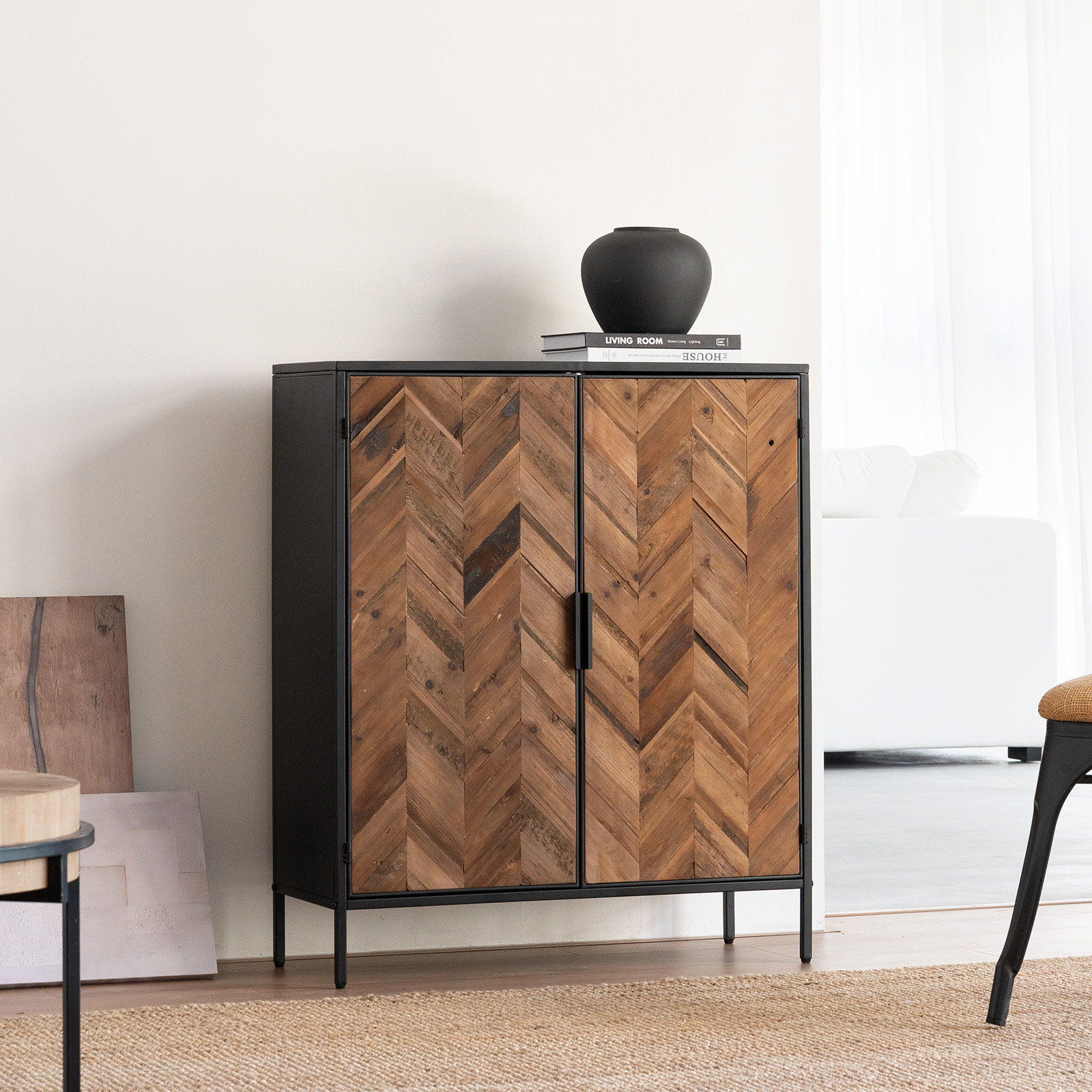 Ebern Designs 38” Two-Door Reclaimed Wood Parquet Storage And Accent ...