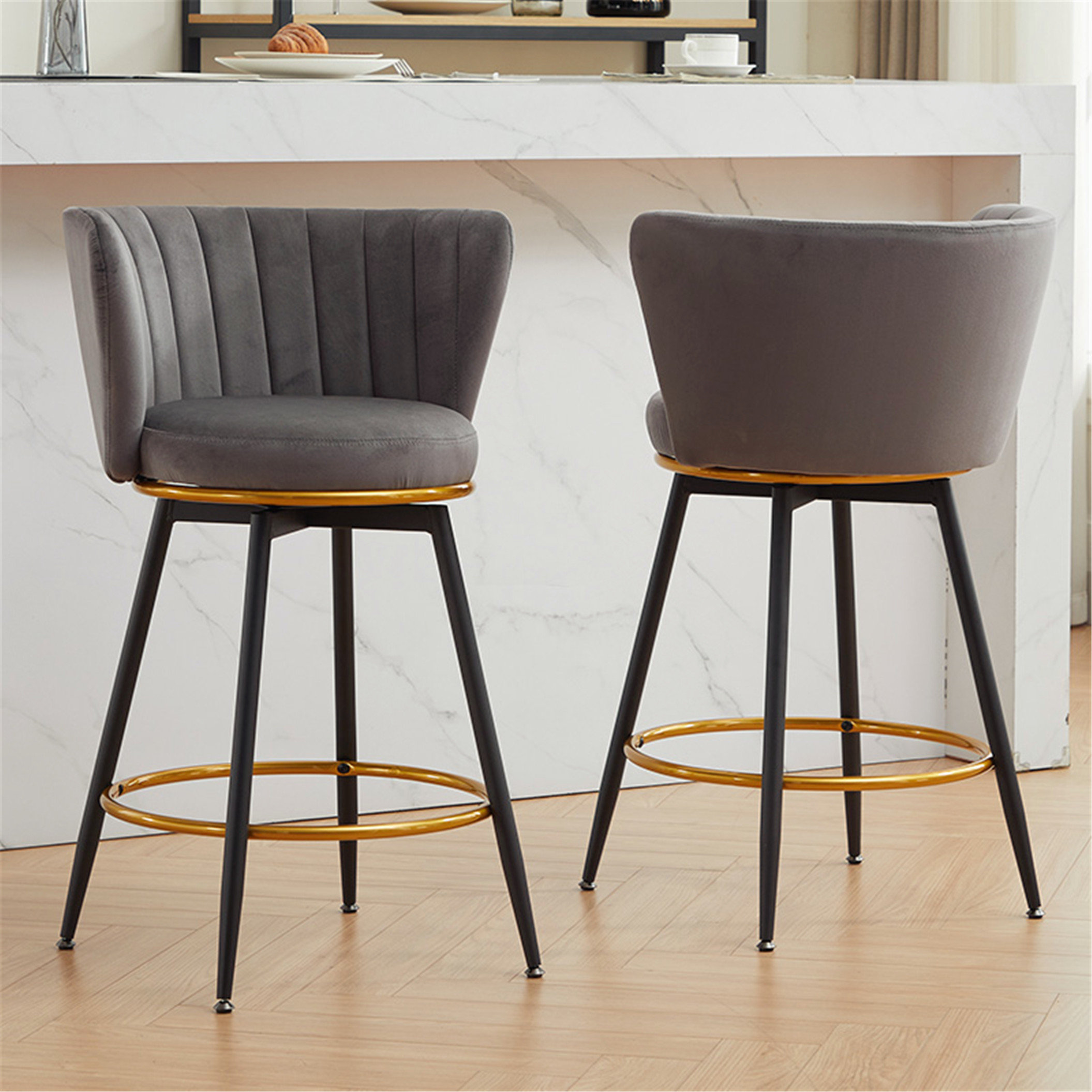 Everly Quinn Charming Swivel Bar Stools Set with Upholstered Seats and ...