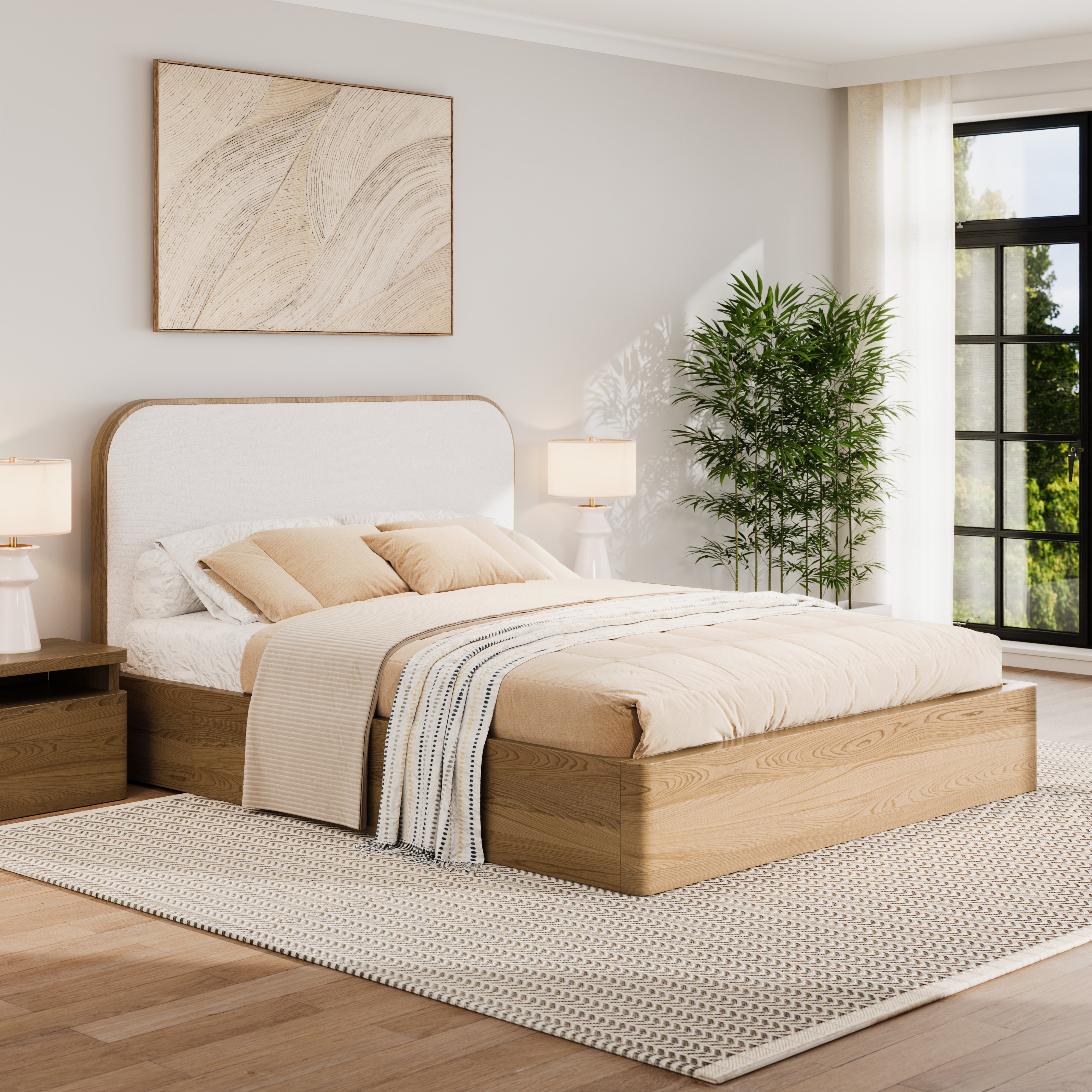 Wildon Home® Baxtor Curved Wood Bed With Boucle Upholstery | Wayfair